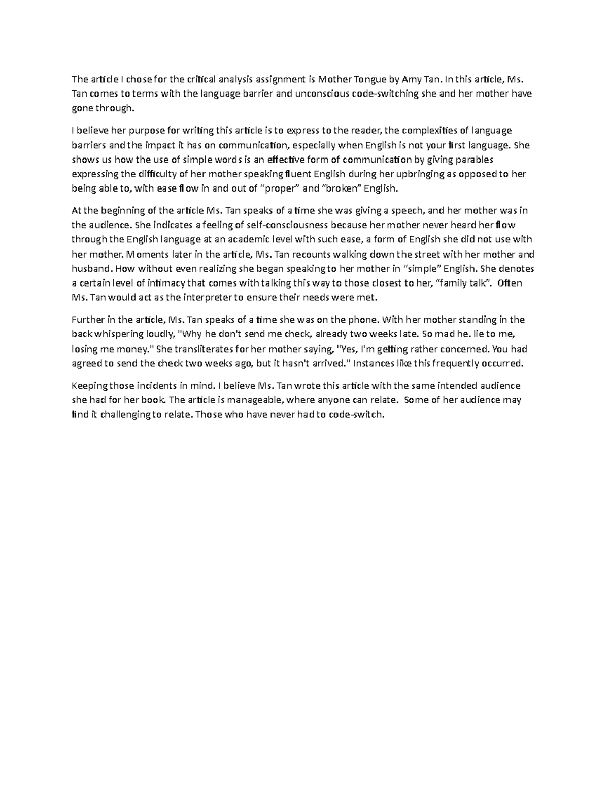 Document 5 - summary of mother tongue - The article I chose for the ...