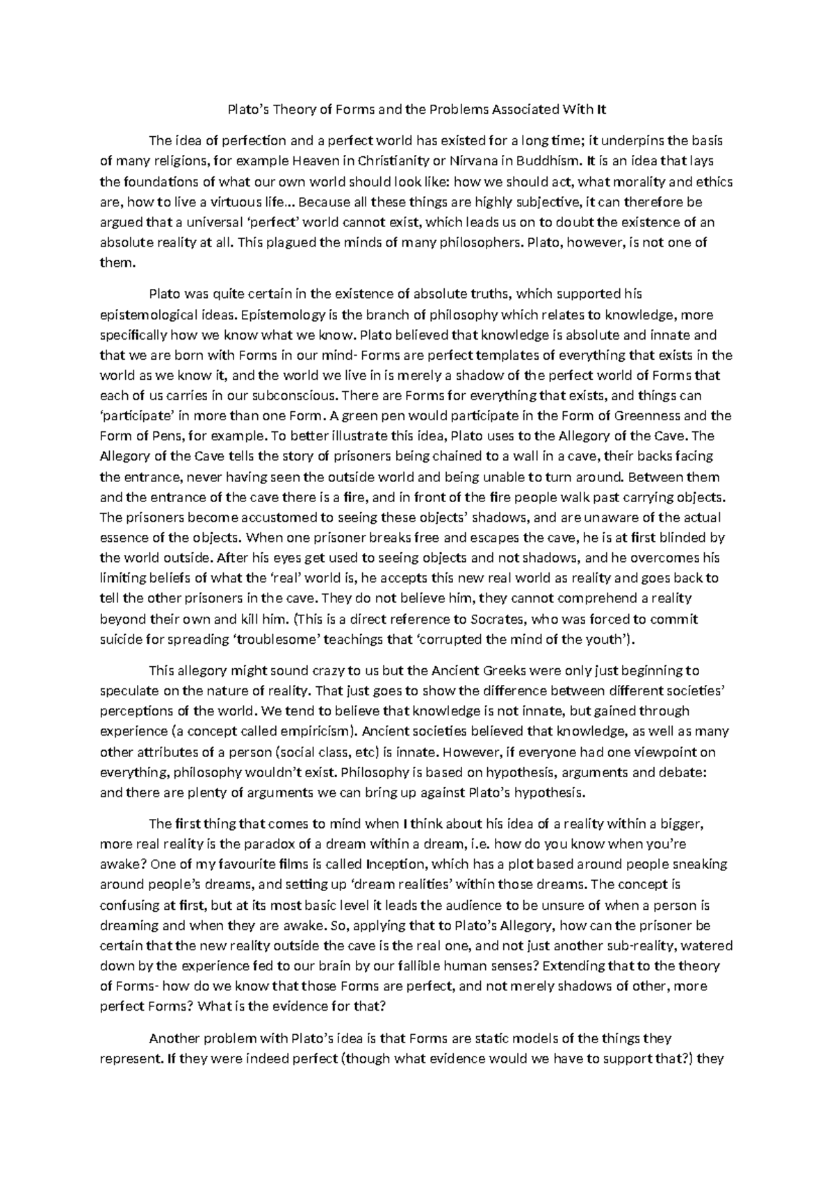 Plato - Plato’s Theory of Forms and the Problems Associated With It The ...