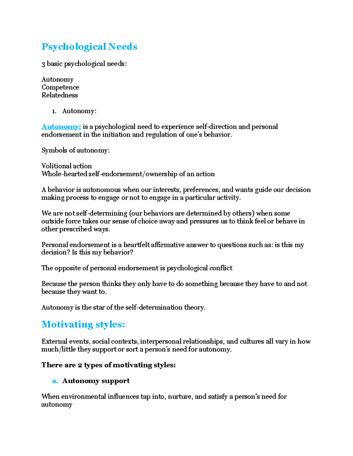 Chapter 6 notes from the book - Psychological Needs 3 basic ...