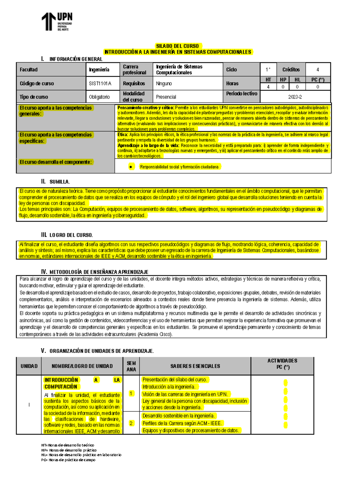 Introducción a sistemas - HT=Horas de desarrollo teórico HP= Horas de desarrollo práctico HL ...