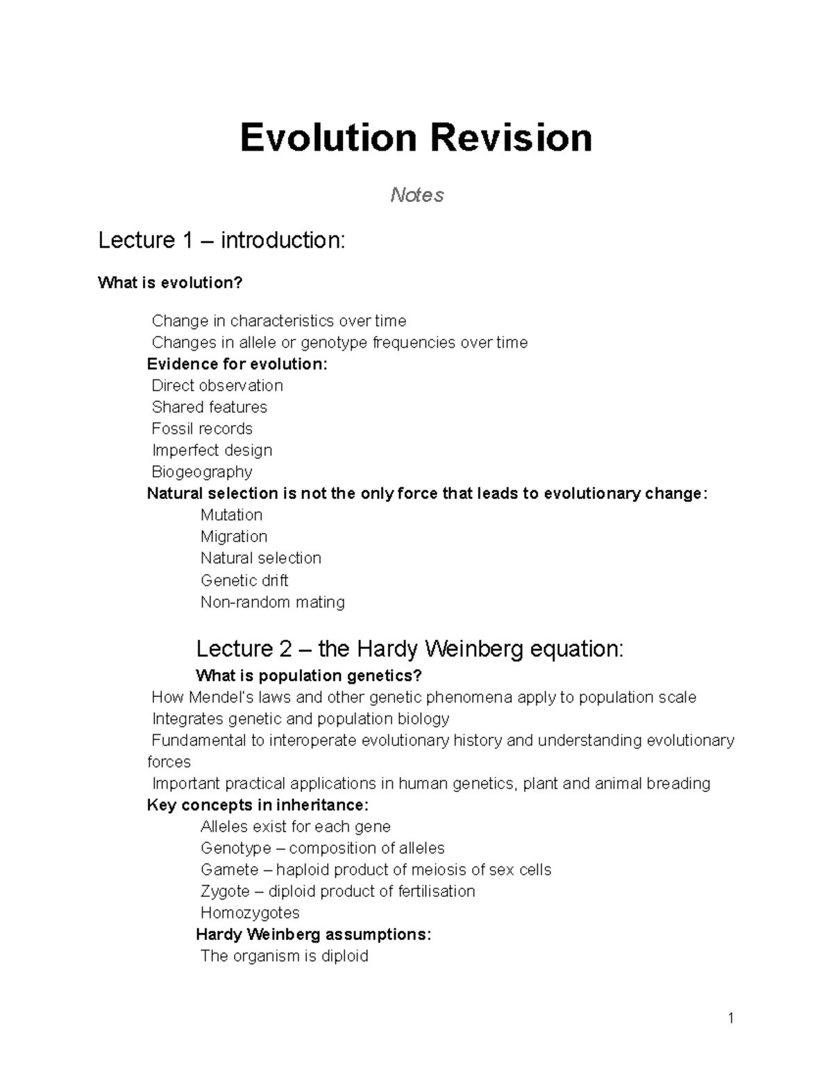 Evolution Revision - Evolution Revision Notes Lecture 1 – introduction ...