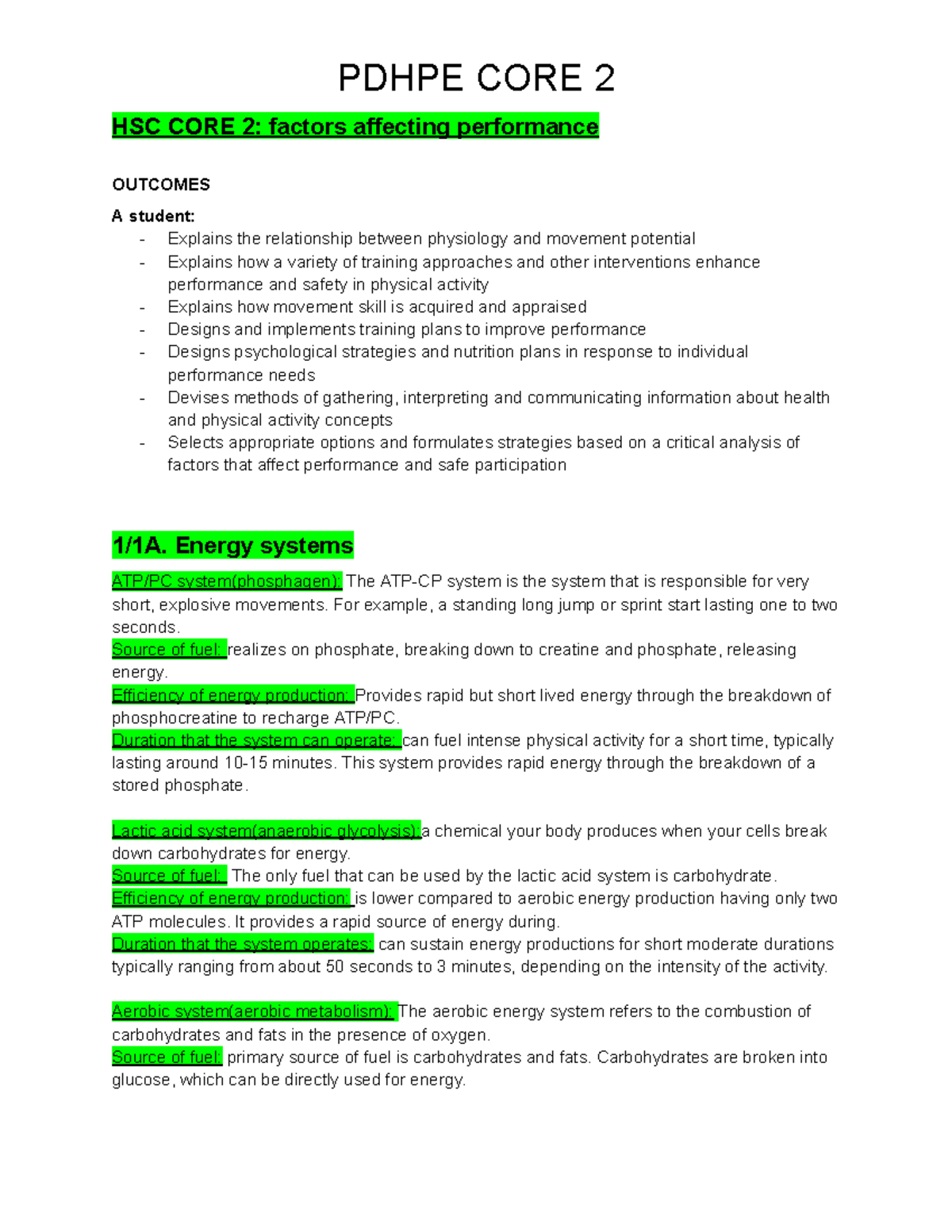 Pdhpe Study Notes CORE 2 - HSC CORE 2: factors affecting performance ...