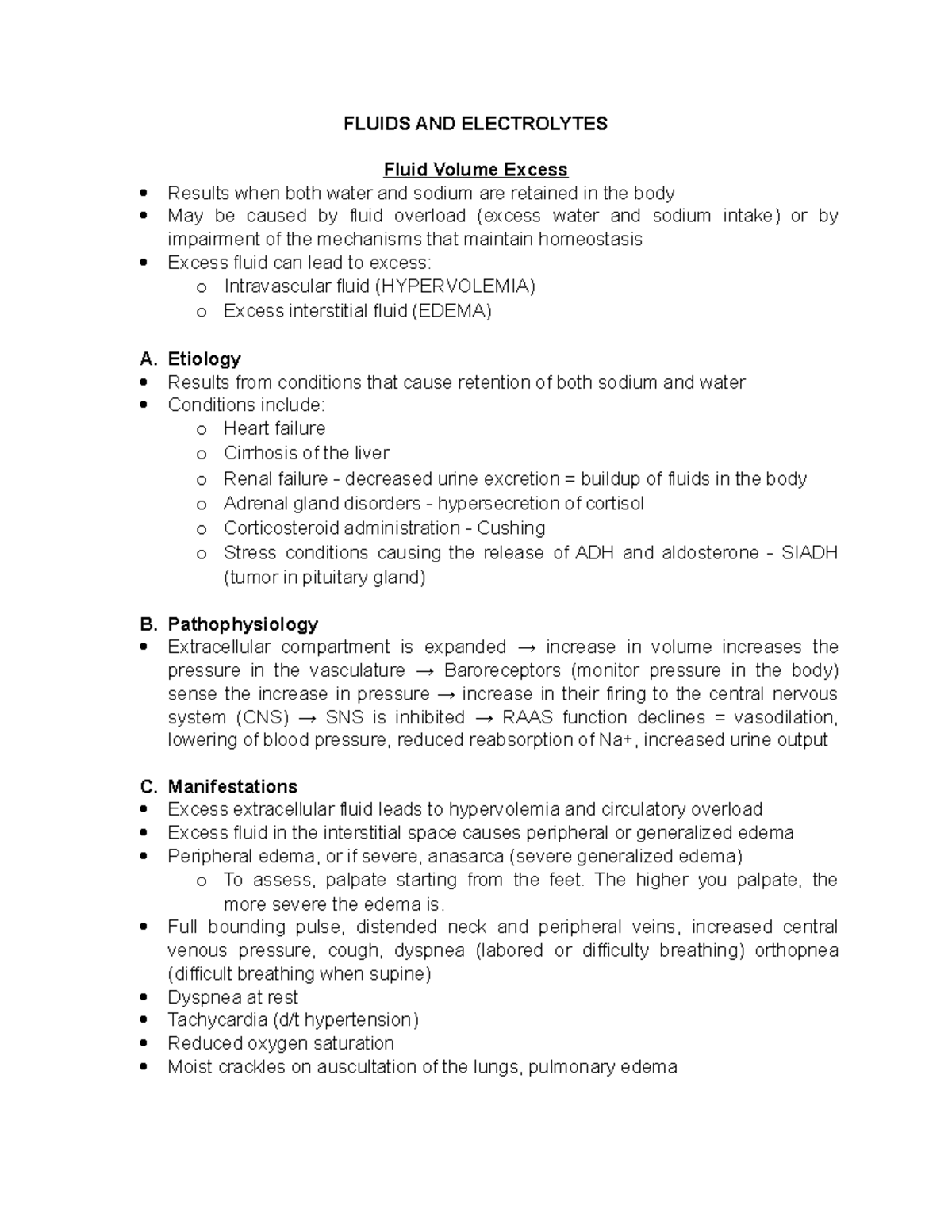 Fluid Volume Excess: Fluids and Electrolytes - FLUIDS AND ELECTROLYTES ...