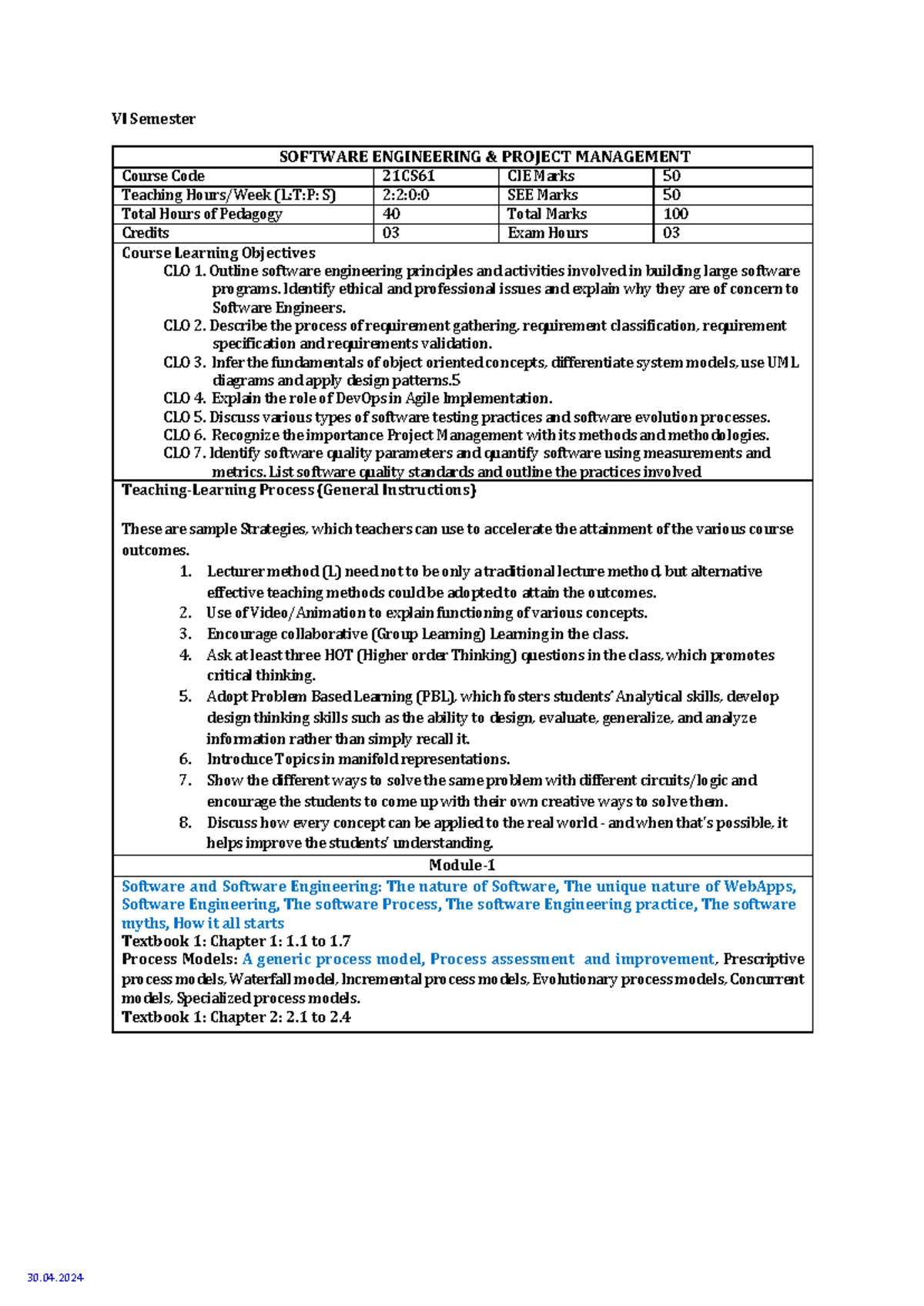 21CS61 Syllabus - HII - VI Semester SOFTWARE ENGINEERING & PROJECT ...