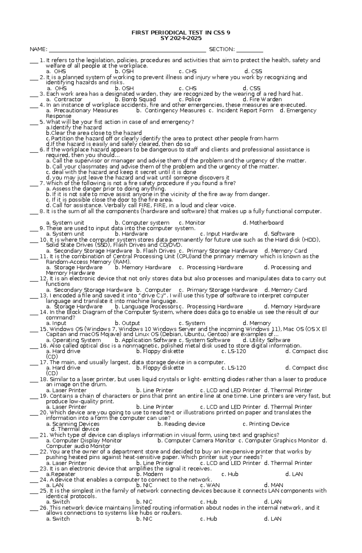First Periodical TEST IN Grade 9 ICT -CSS 2024-2025 - FIRST PERIODICAL ...