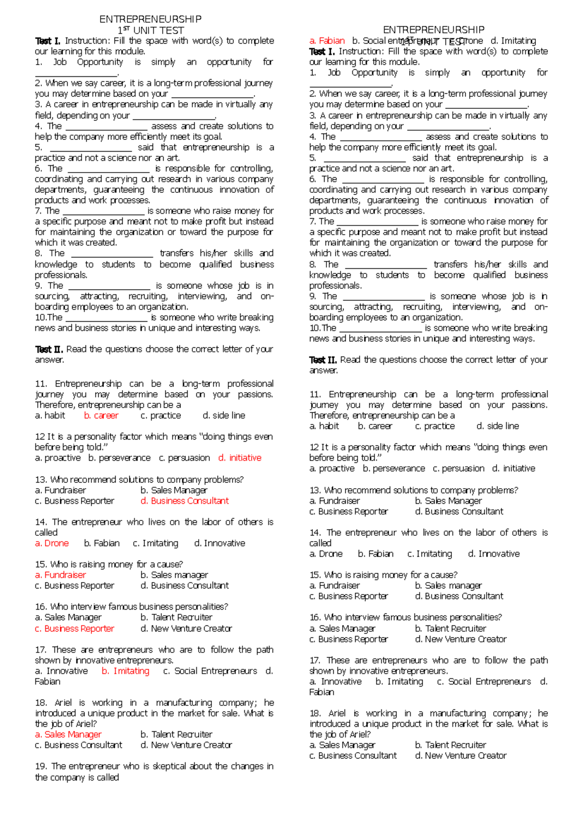 Entrep LQ 1 - Test I. Instruction: Fill the space with word(s) to ...