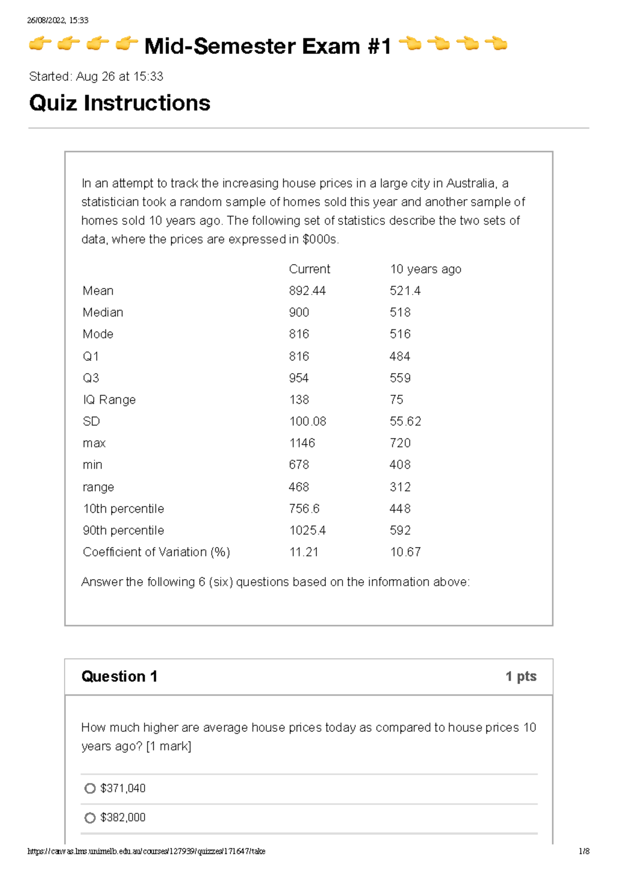 Mst qm1 - Mid semester test 1 - Mid-Semester Exam #1 Started: Aug 26 at ...