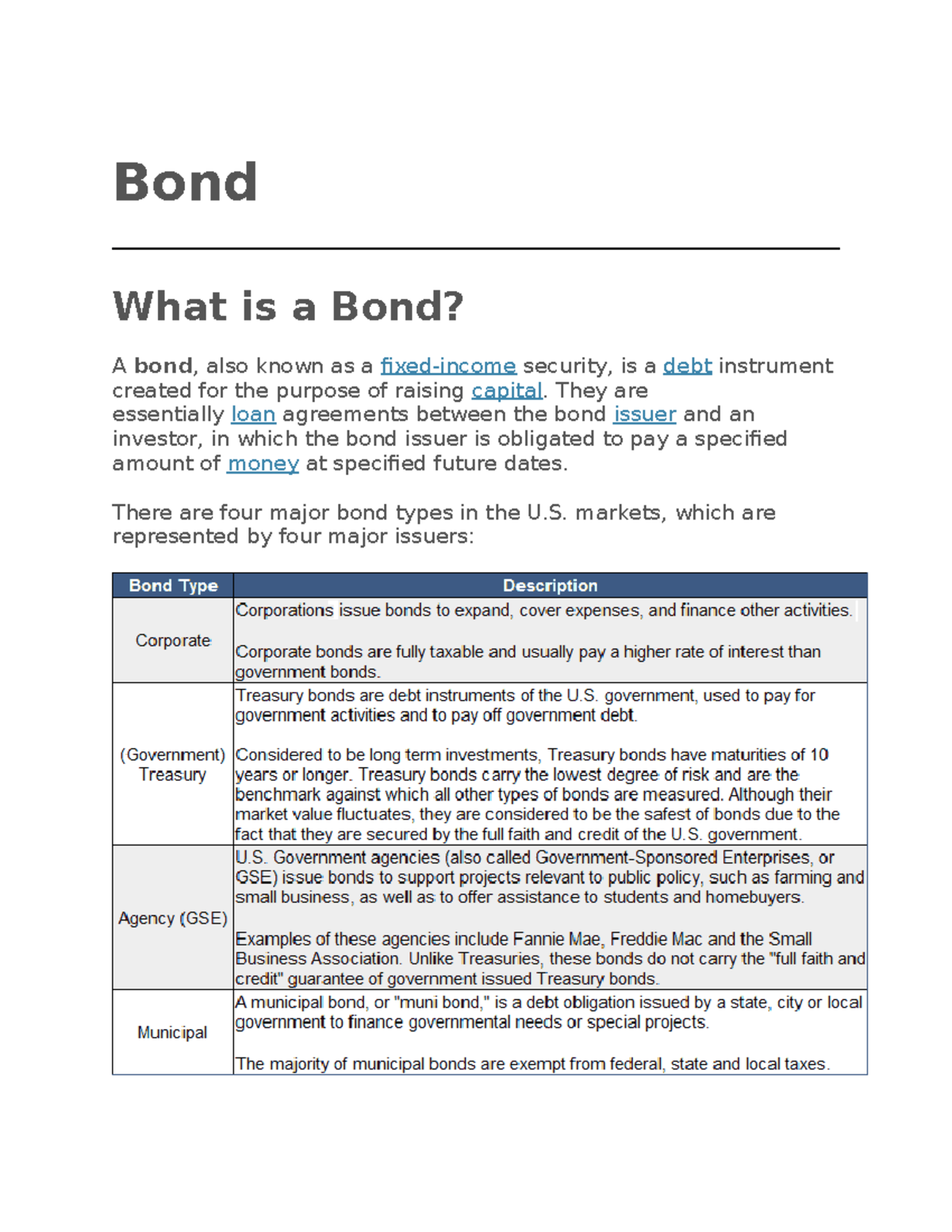 Bond Notes - Chapter 5 - Bond What is a Bond? A bond, also known as a ...