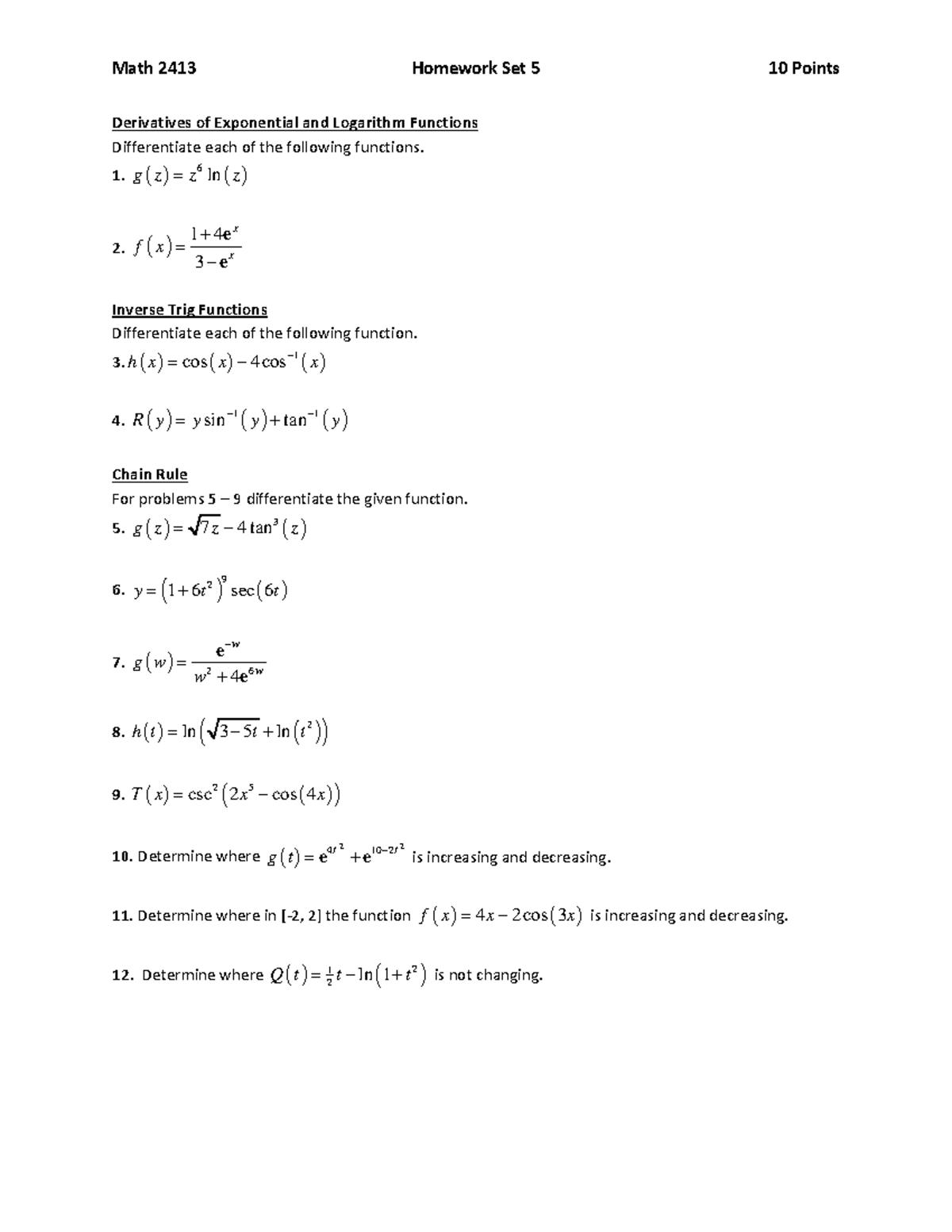 17 Fall Homework 05 - Math 2413 Homework Set 5 10 Points Derivatives of ...
