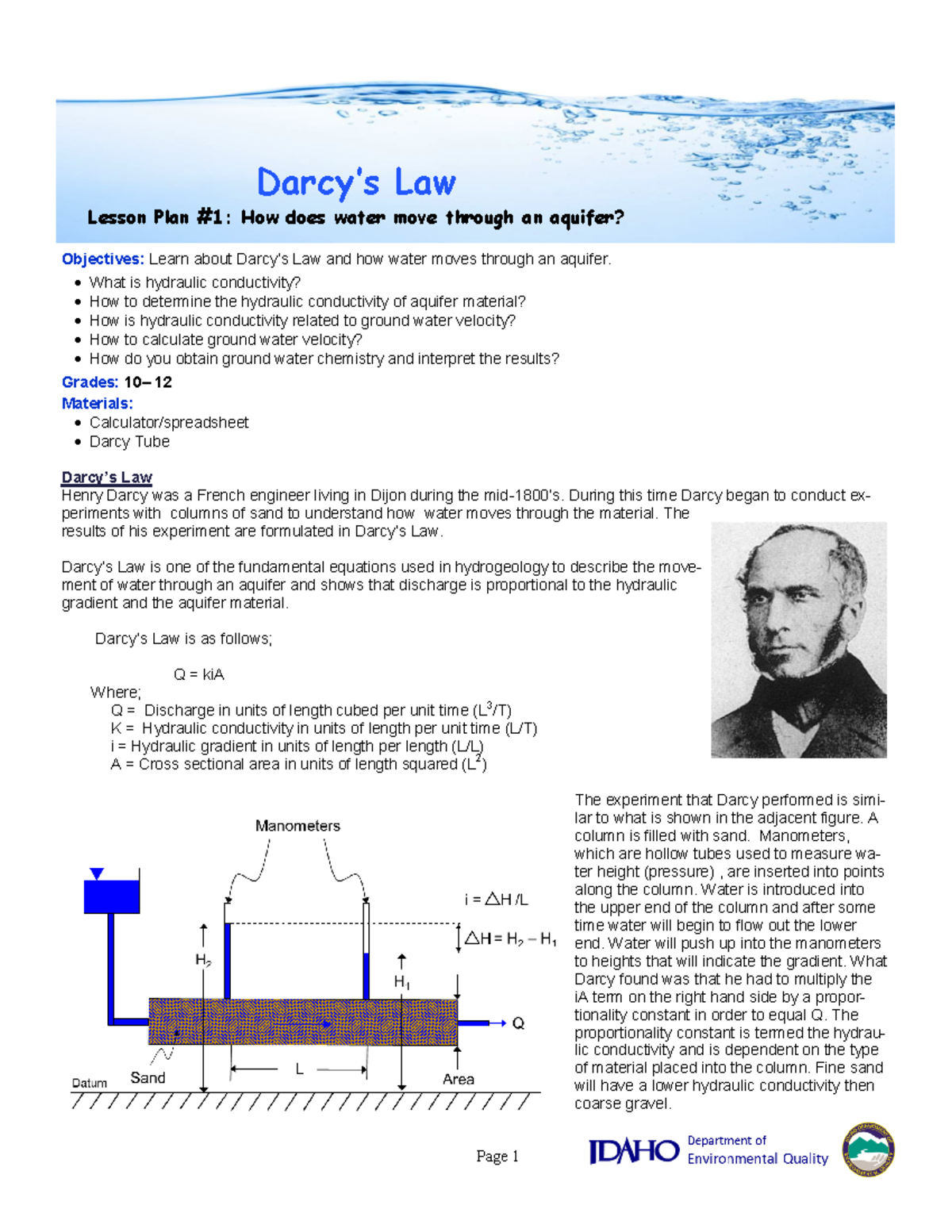 Darcy's law - mnmc ehjvcbjhevcjhe - Objectives: Learn about Darcy’s Law ...