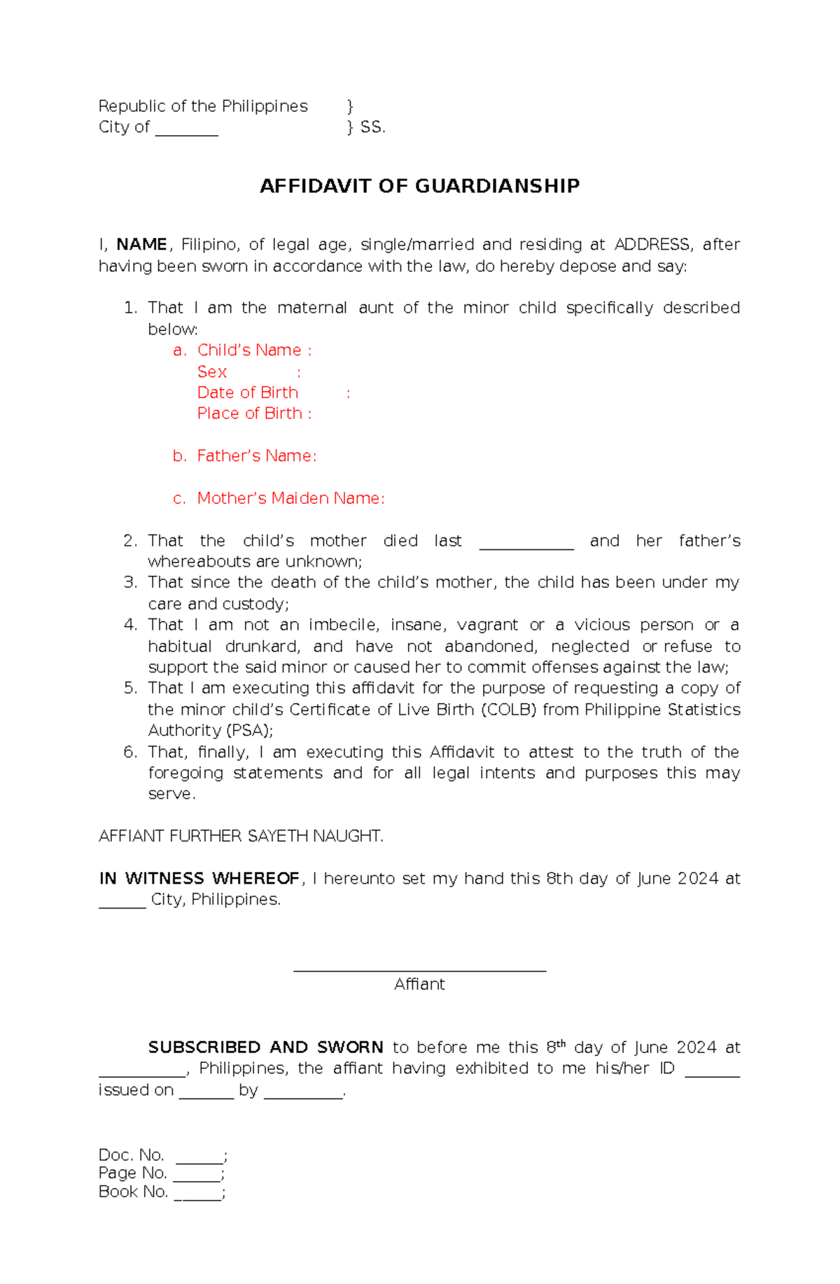 Affidavit of Guardianship - Republic of the Philippines } City of ...