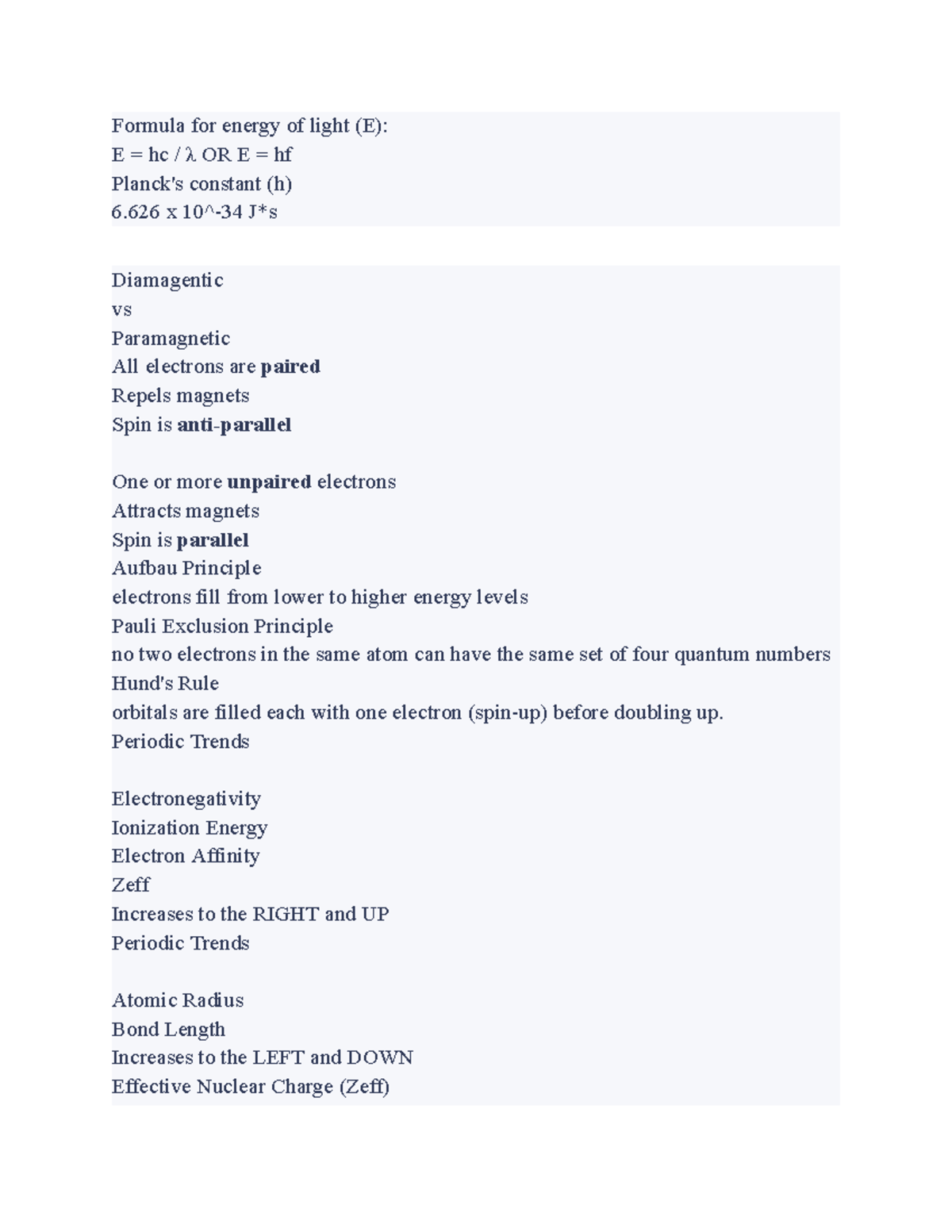 Chem 1 - practice materials - Formula for energy of light (E): E = hc ...