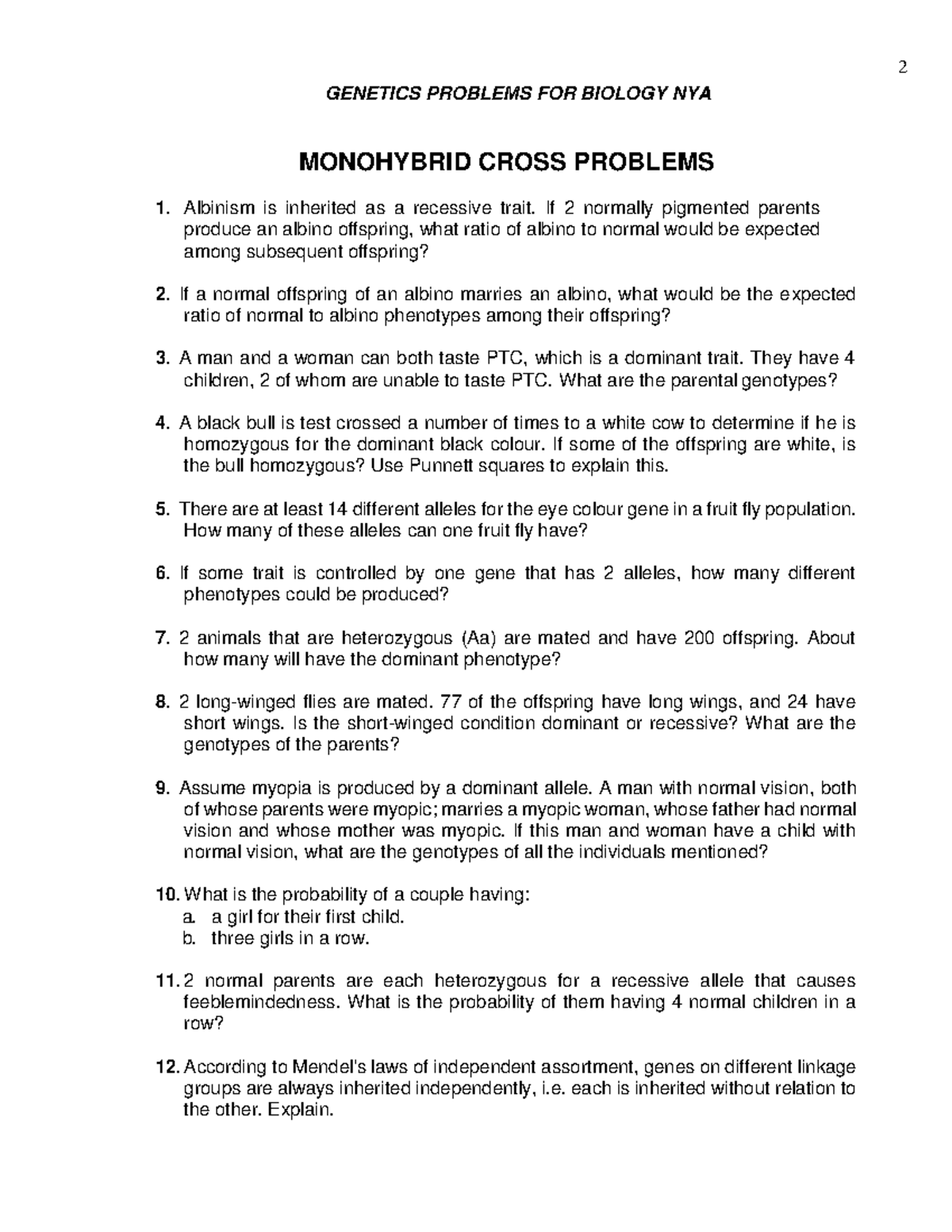 Genetics Problem Set 1 - 2 GENETICS PROBLEMS FOR BIOLOGY NYA MONOHYBRID ...