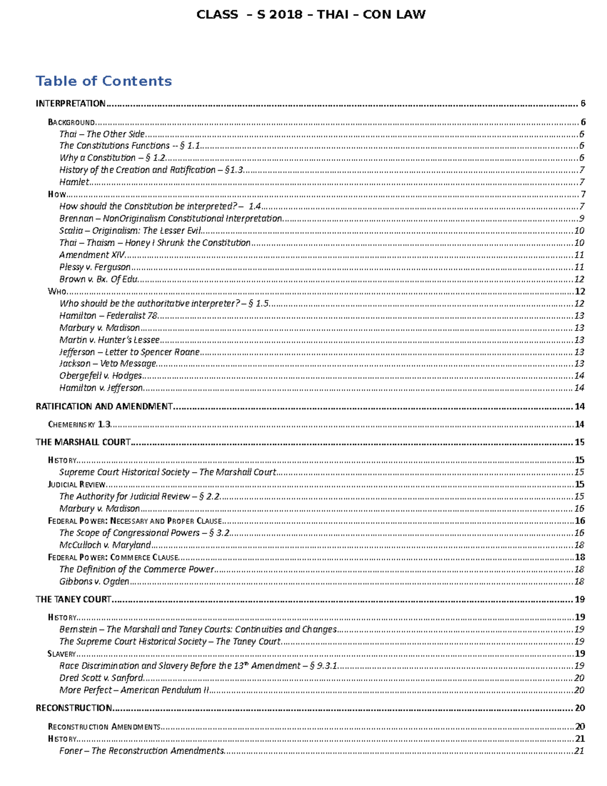 Con Law Outline 2018 - Table of Contents - Studocu