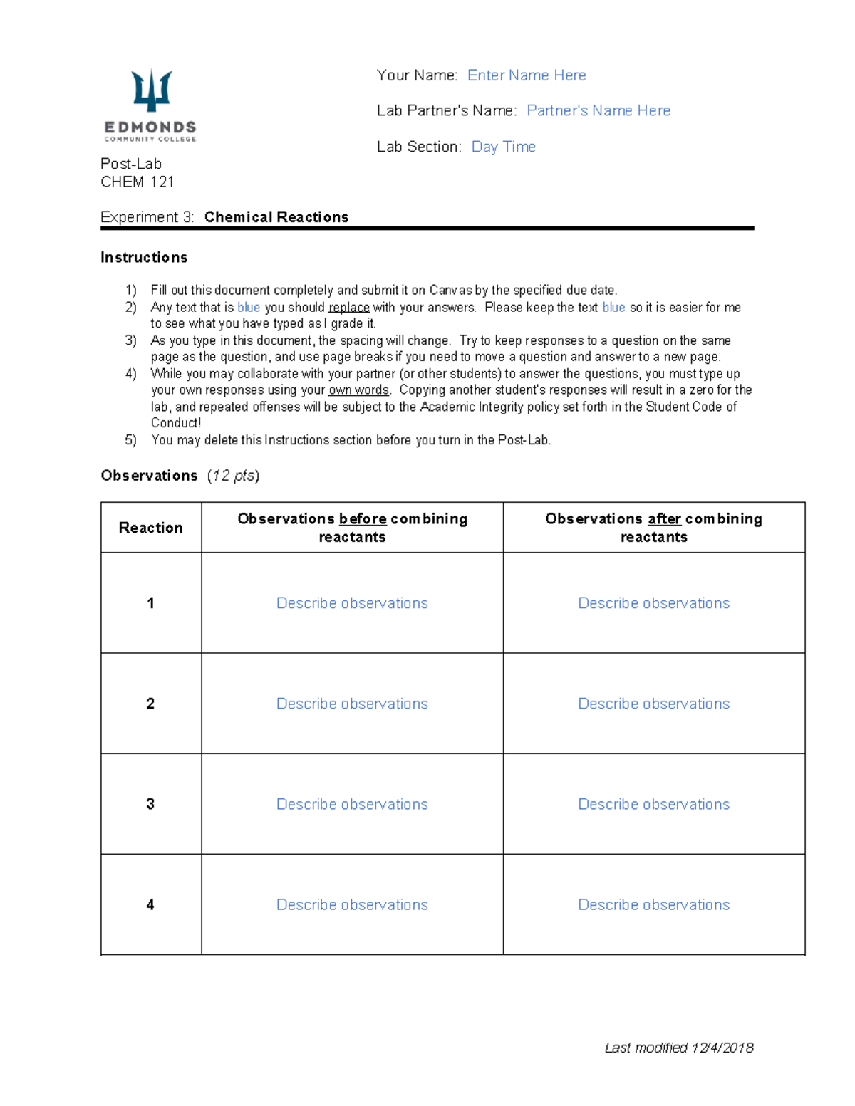 Lab 3 - Chemical Reactions - Post-Lab - Online Submission - Your Name ...