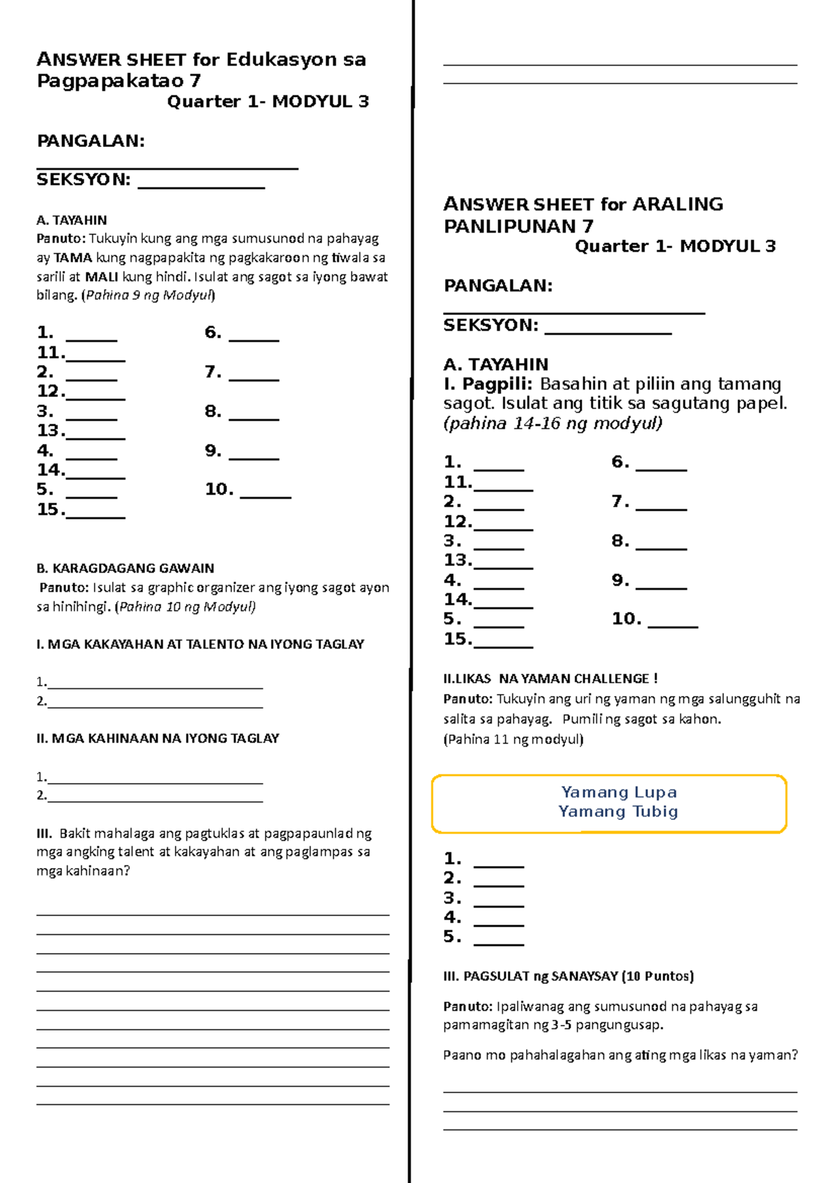Answer Sheet for Esp-Ap Q1-M3 - ANSWER SHEET for Edukasyon sa ...