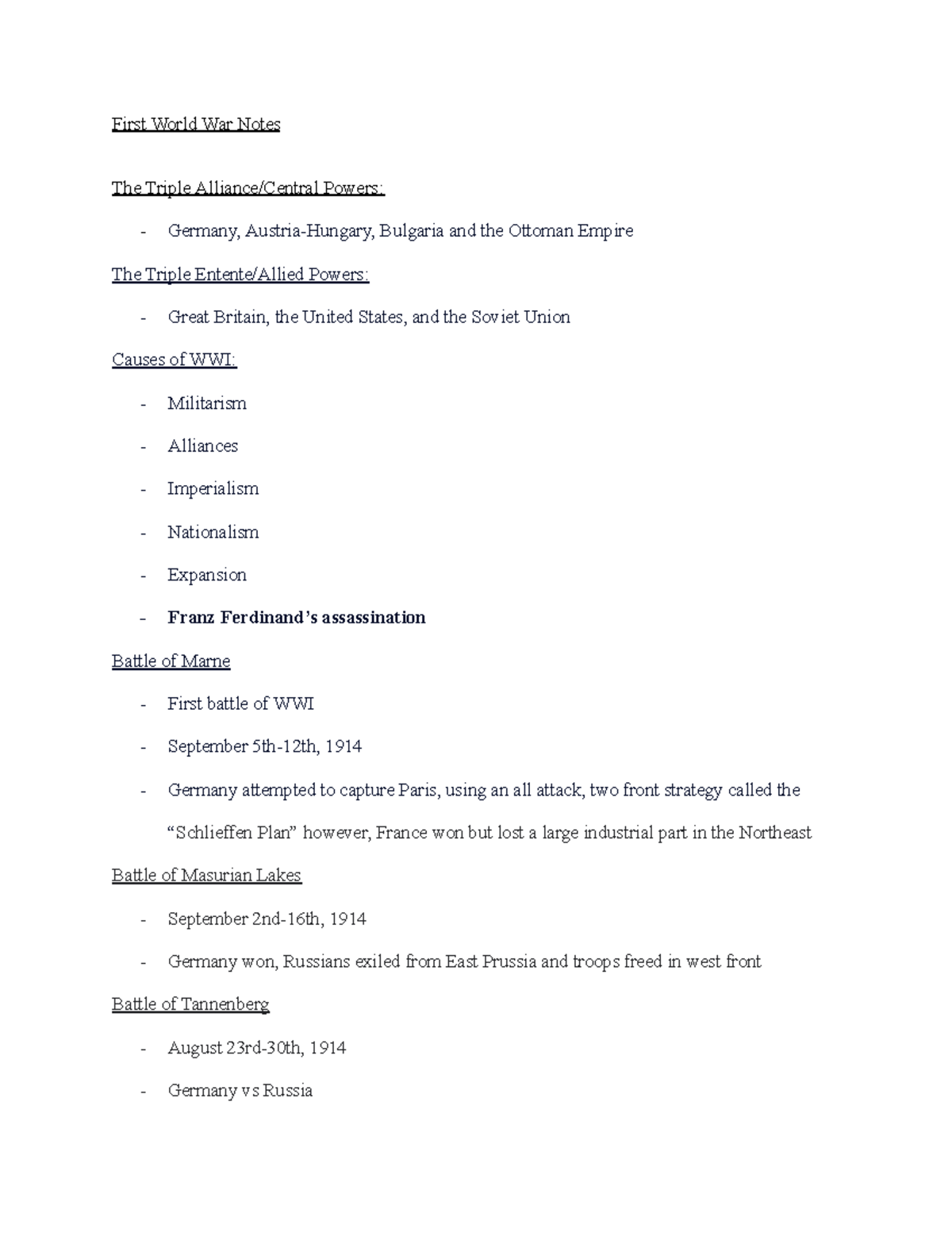 EUH 2001 Chapter 24 Notes - First World War Notes The Triple Alliance ...