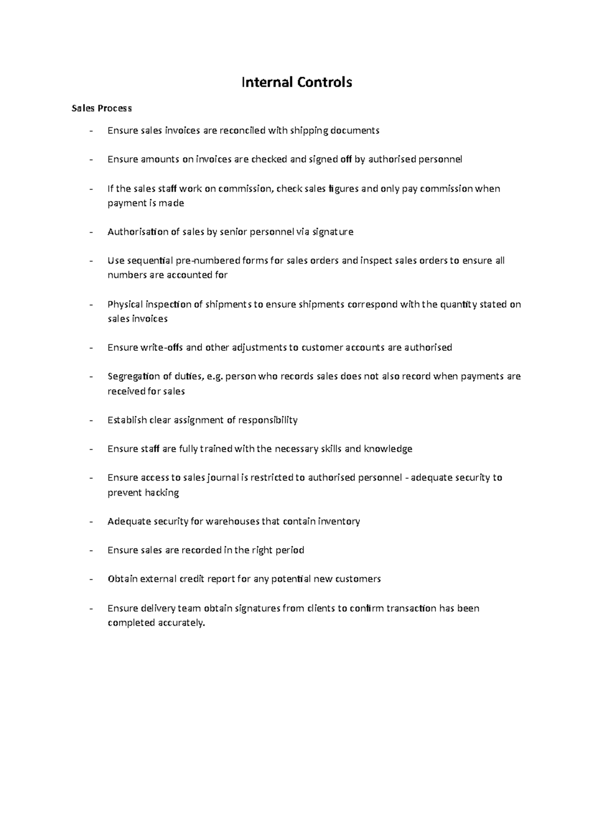 Examples of Internal Control - Internal Controls Sales Process - Ensure ...