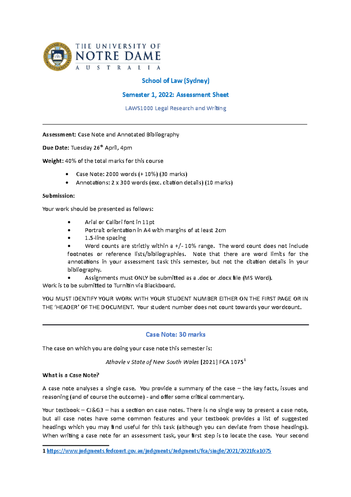 22S1 LAWS 1000 Case note instructions - School of Law (Sydney) Semester ...