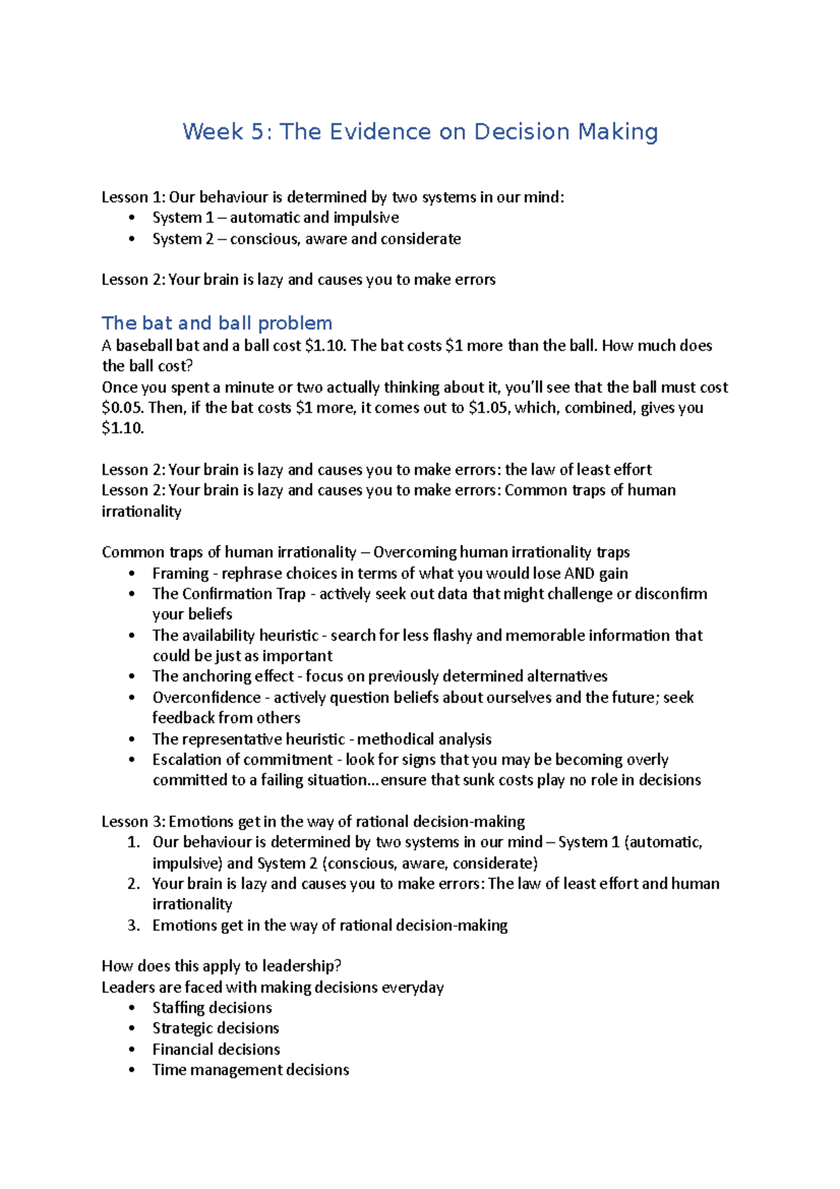 05 The Evidence on Decision Making - Week 5: The Evidence on Decision ...