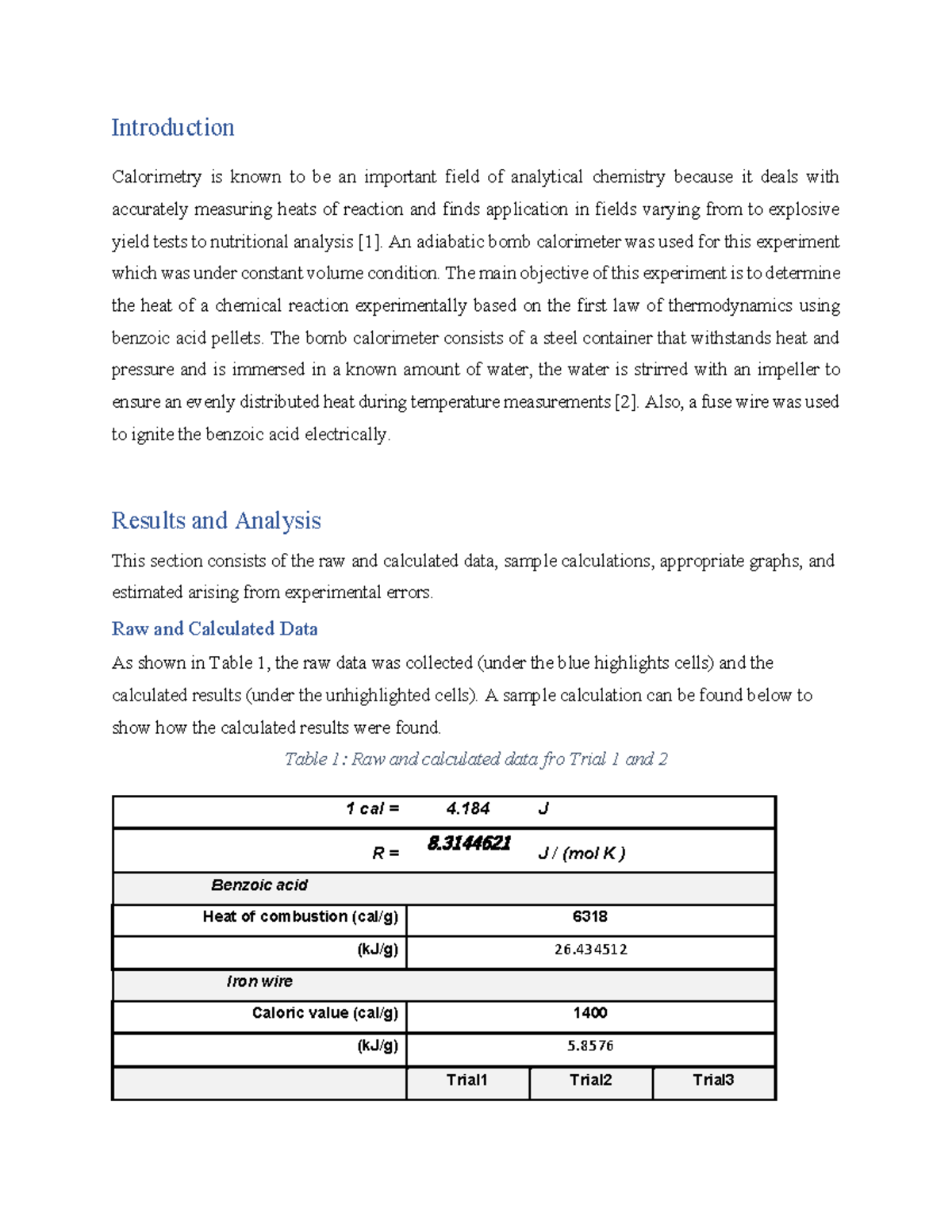 Experiment: Heat of Combustion; Principles and Heat Capacity ...