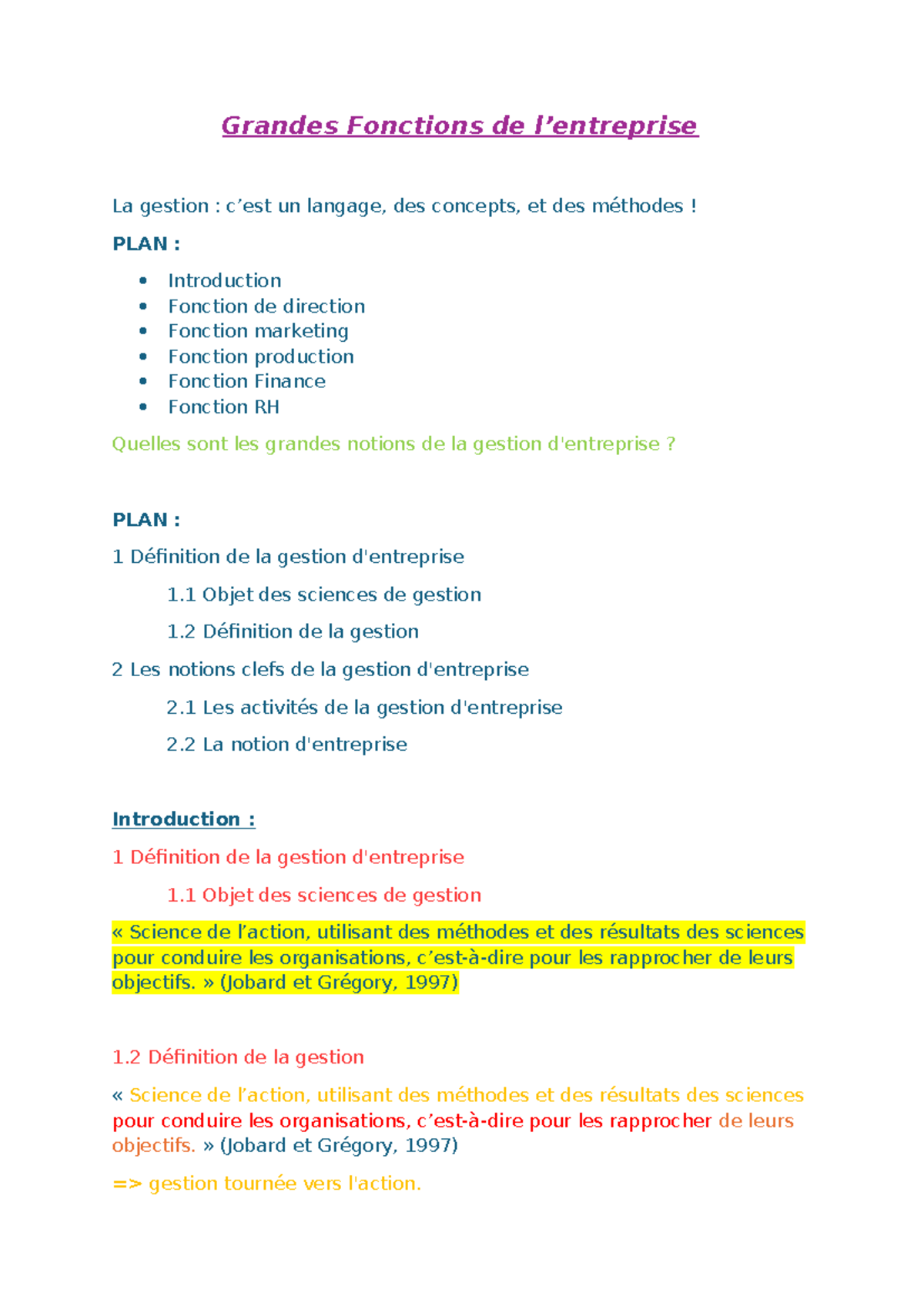 Cours GFE - Grandes Fonctions de l’entreprise La gestion : c’est un ...