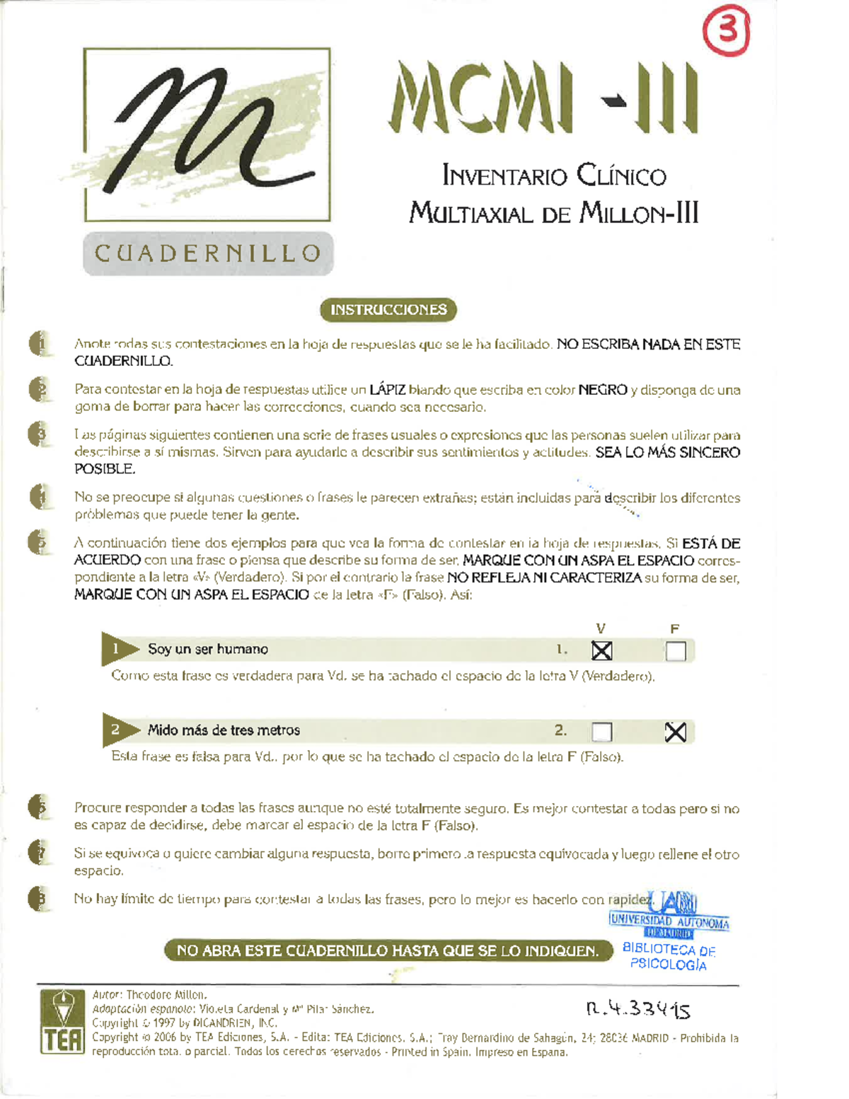 Cuadernillo MCMI - Test MCMI - psicología - UH - Studocu