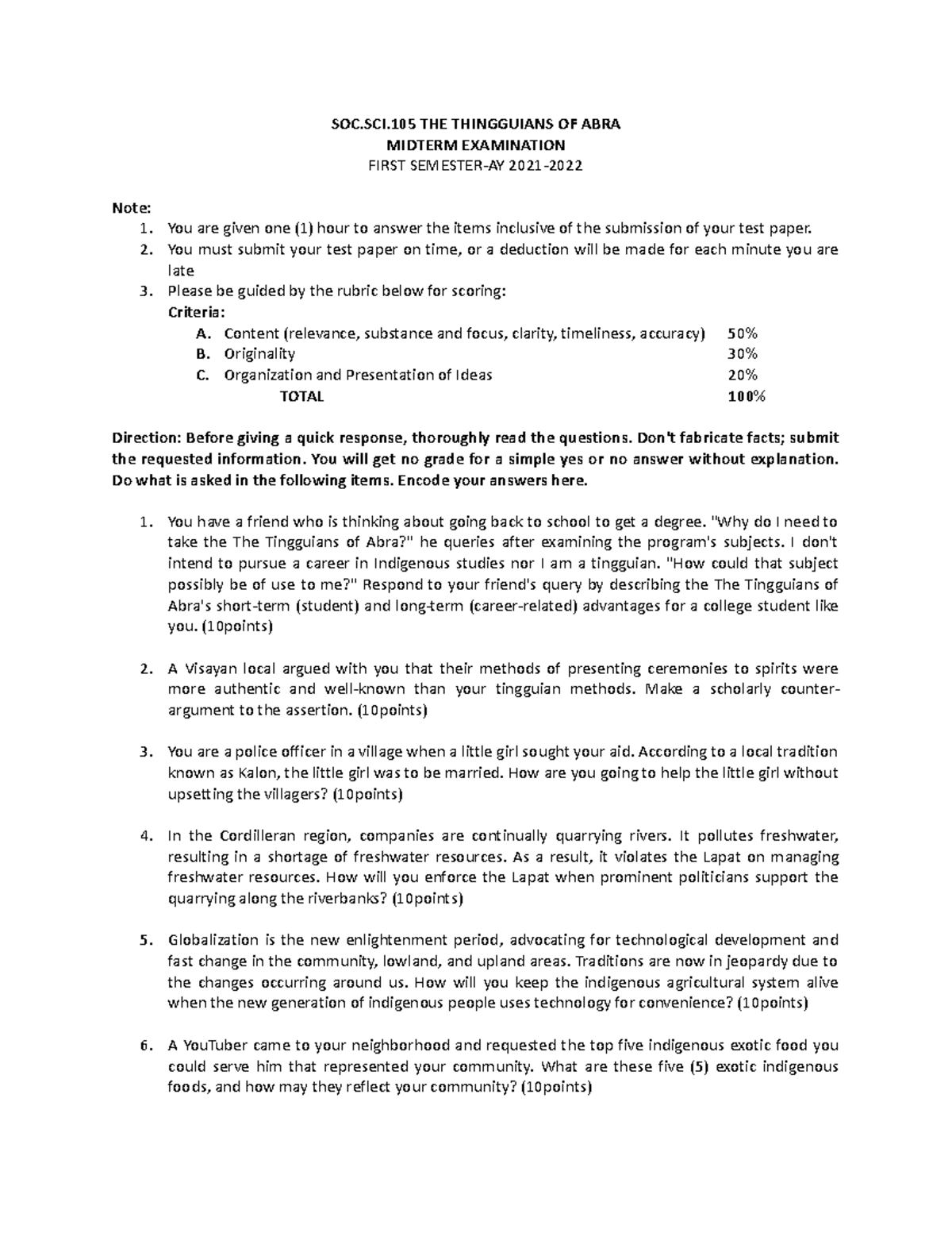 Midterm-Exam-Soc Sci 105 - SOC.SCI THE THINGGUIANS OF ABRA MIDTERM ...