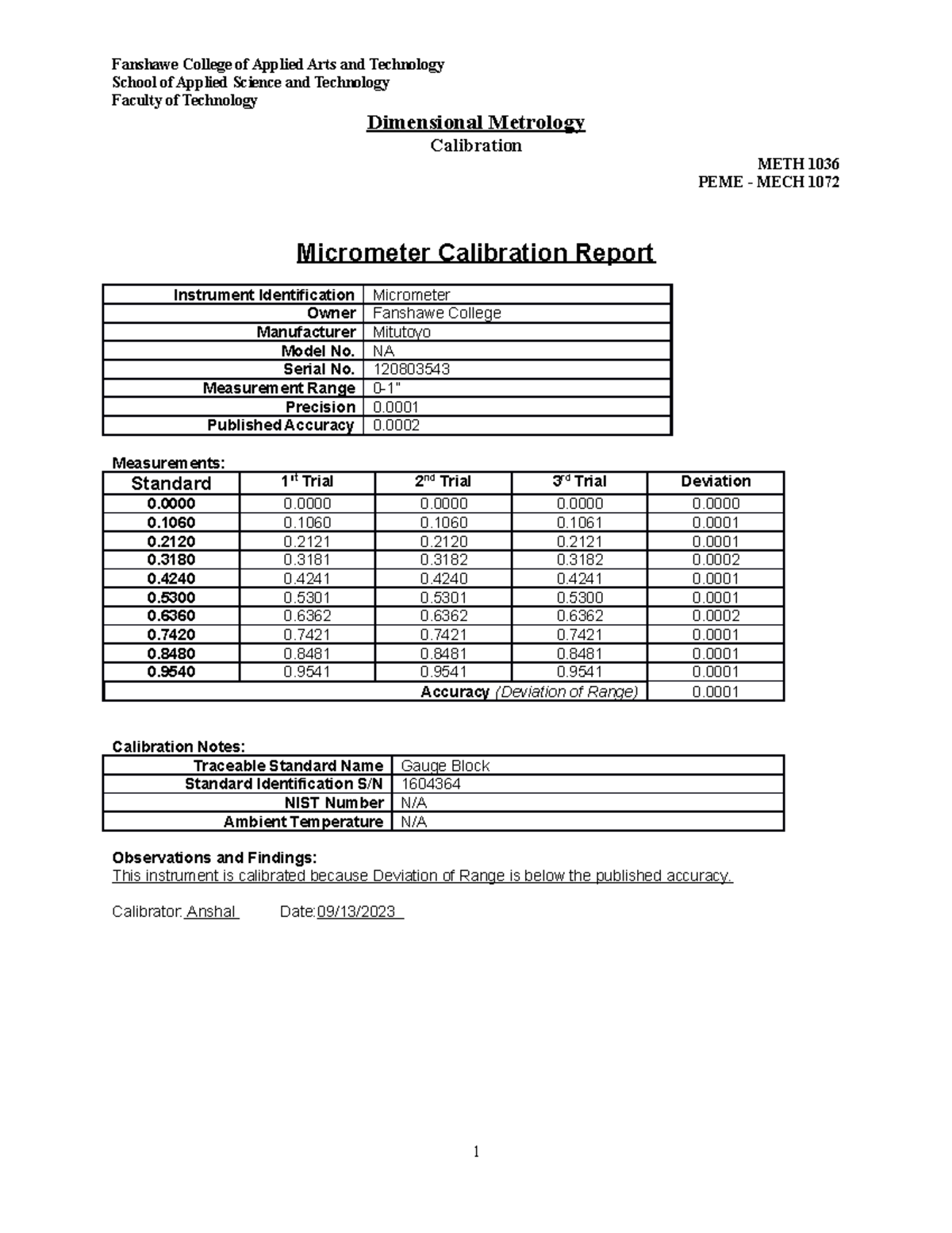 Calibration Assignment 1 - Fanshawe College of Applied Arts and ...