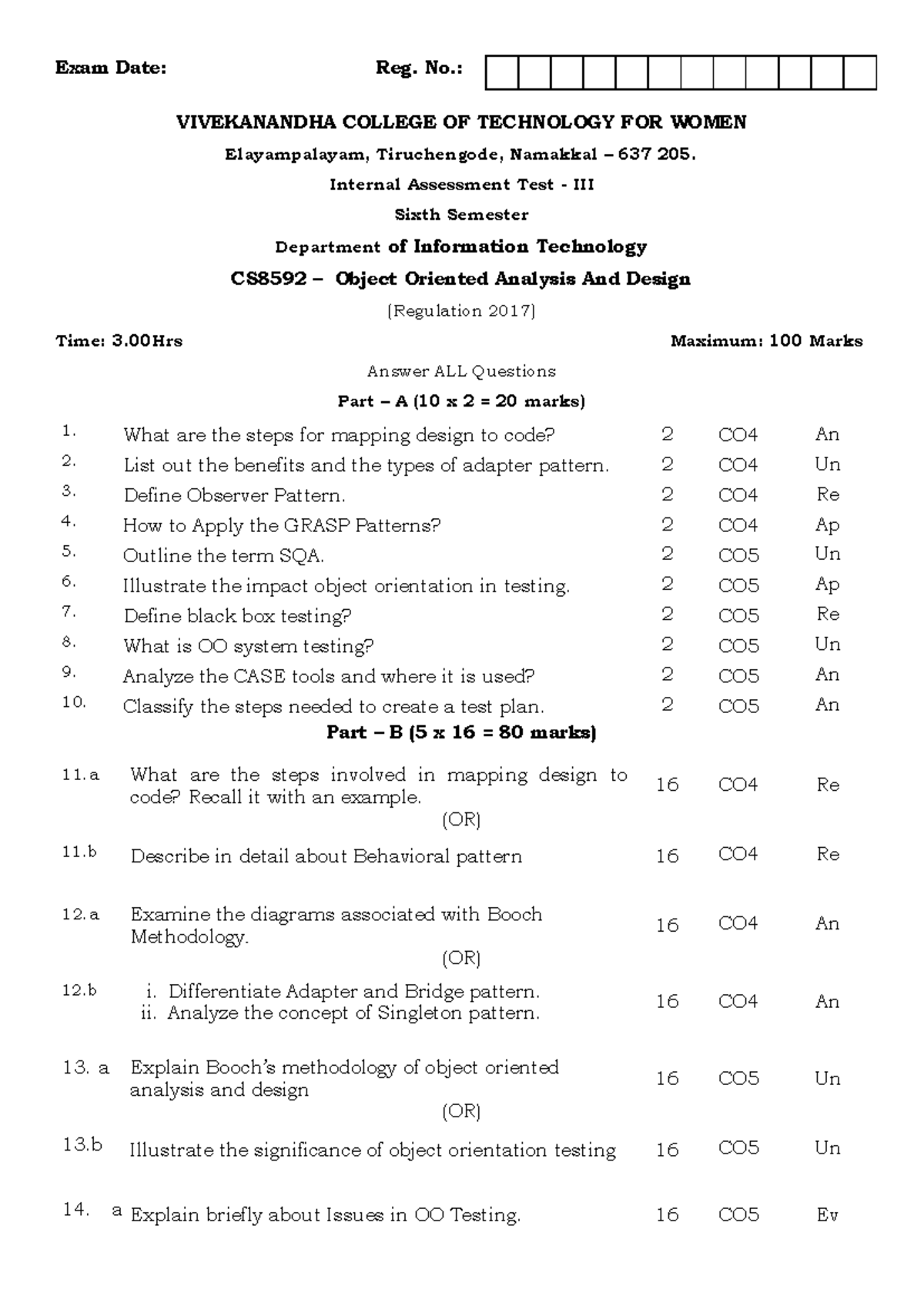 OOAD IAT-3 - QB and Answers - Exam Date: Reg. No.: VIVEKANANDHA COLLEGE ...