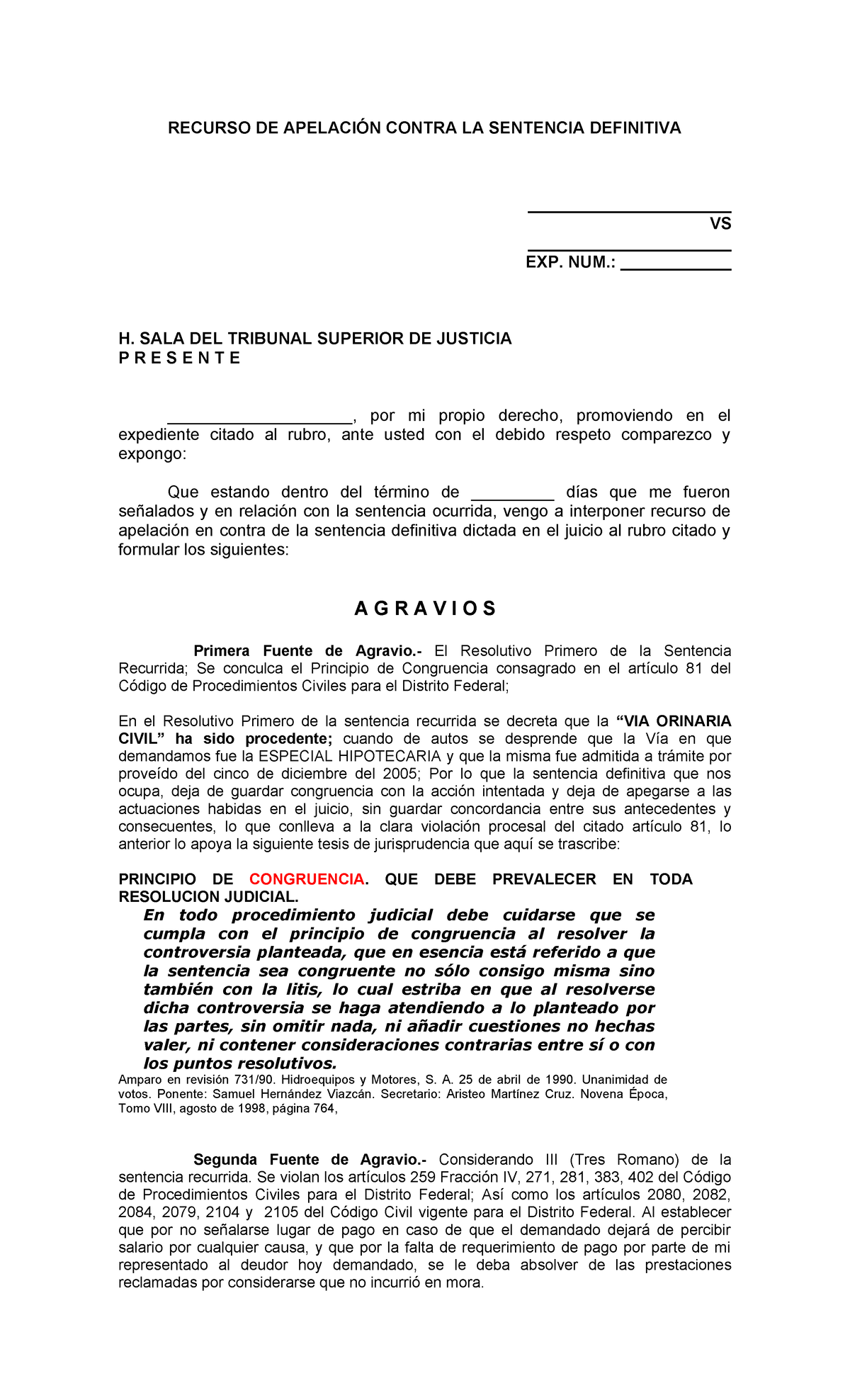 Apelación - FORMATO - RECURSO DE APELACIÓN CONTRA LA SENTENCIA DEFINITIVA ...
