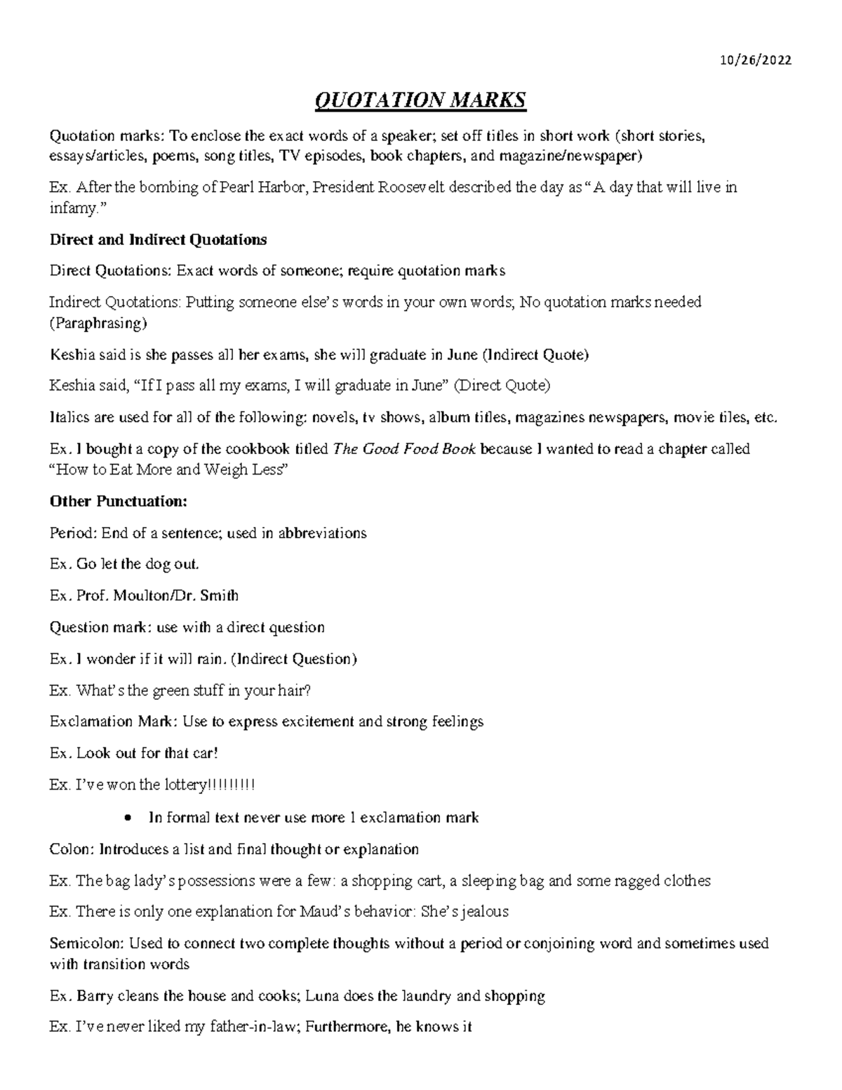 Quotation Marks - Lecture Notes For Eng101 - 10/26/ QUOTATION MARKS ...