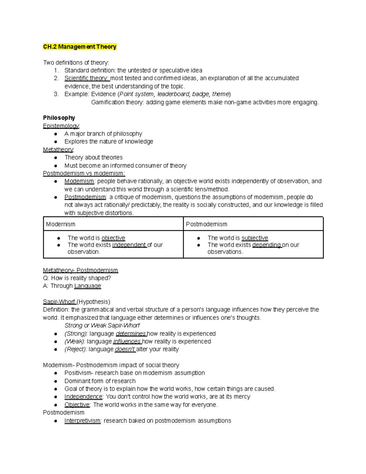 MGT 3120 - Notes from Chapter 1 - Chapter 7 - CH Management Theory Two ...