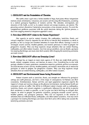 Plate Tectonic - John Raniel A. Miasco GEOLOGY 101 14258 (M/W 12:00 nn ...