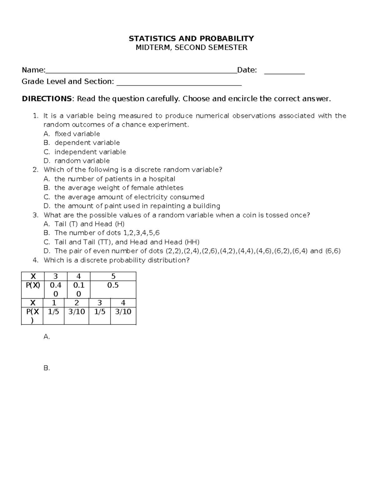 Stat Prob Questionnaire - STATISTICS AND PROBABILITY MIDTERM, SECOND ...