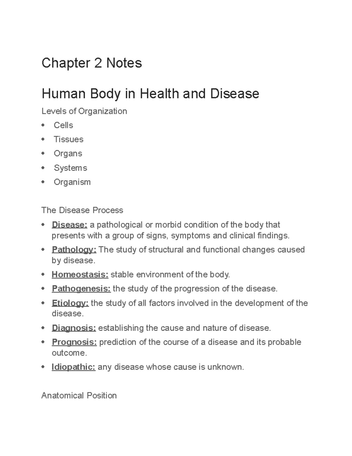 Chapter 2 Notes - Define anatomy and physiology and the uses of ...