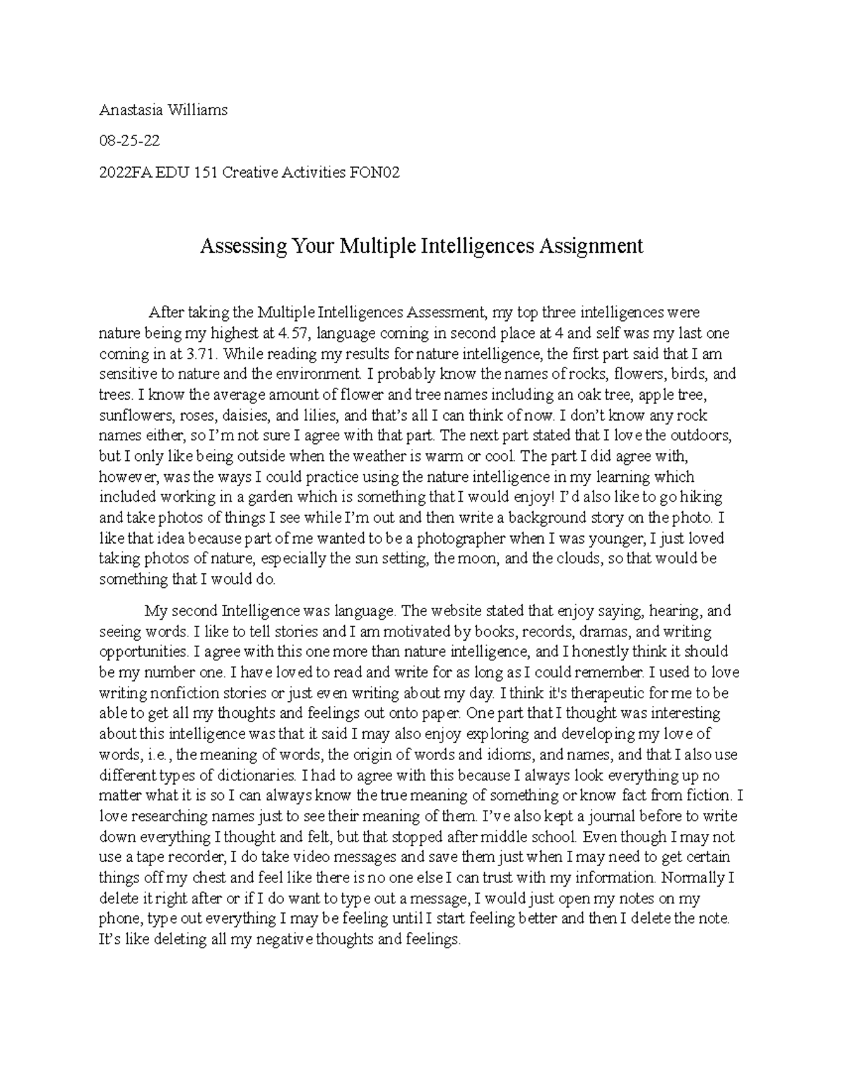 Assessing Your Multiple Intellegences Assignment - Anastasia Williams ...