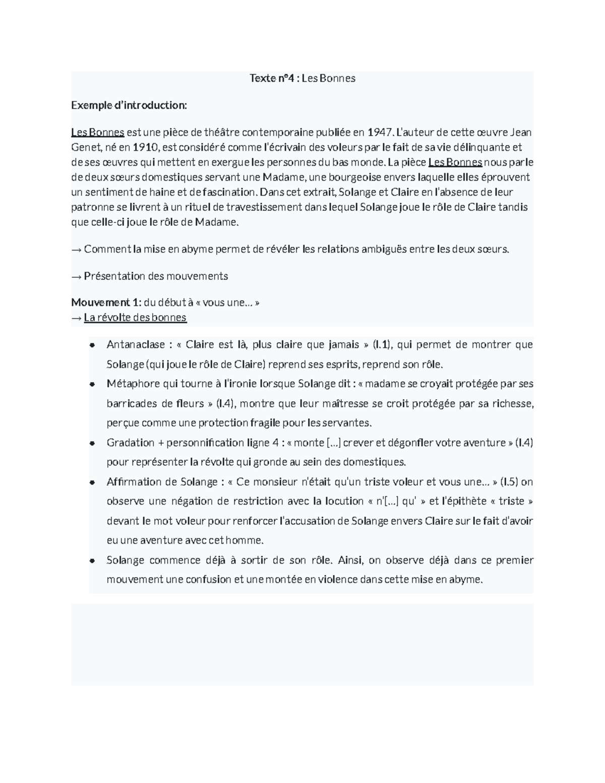 Les Bonnes lecture linéaire - Texte n°4 : Les Bonnes Exemple d’introduction: Les Bonnes est une ...