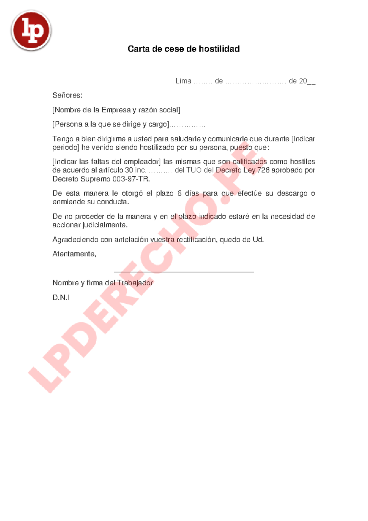 Carta de cese de hostilidad LP - Carta de cese de hostilidad Lima ...