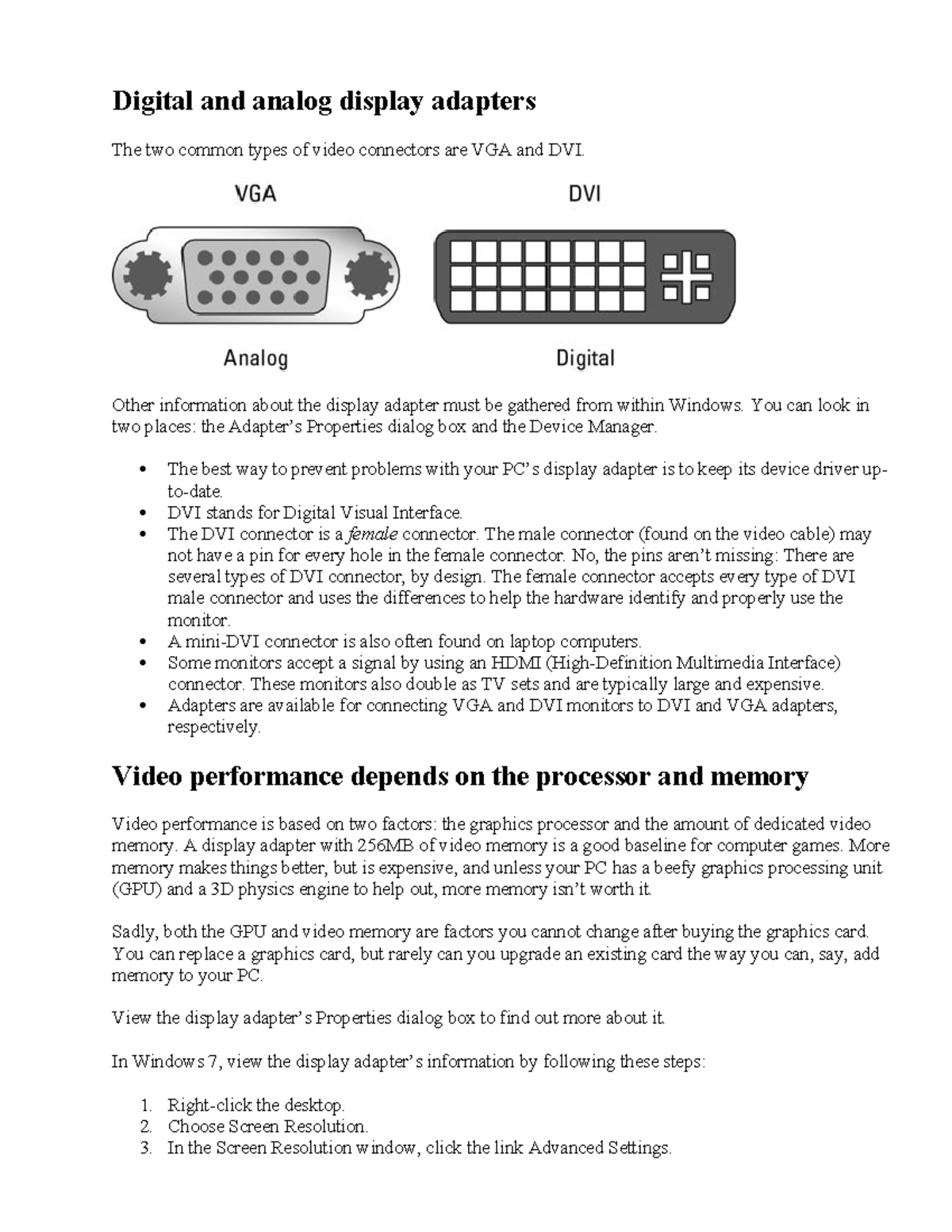 Digital and analog display adapters - Other information about the display adapter must be ...