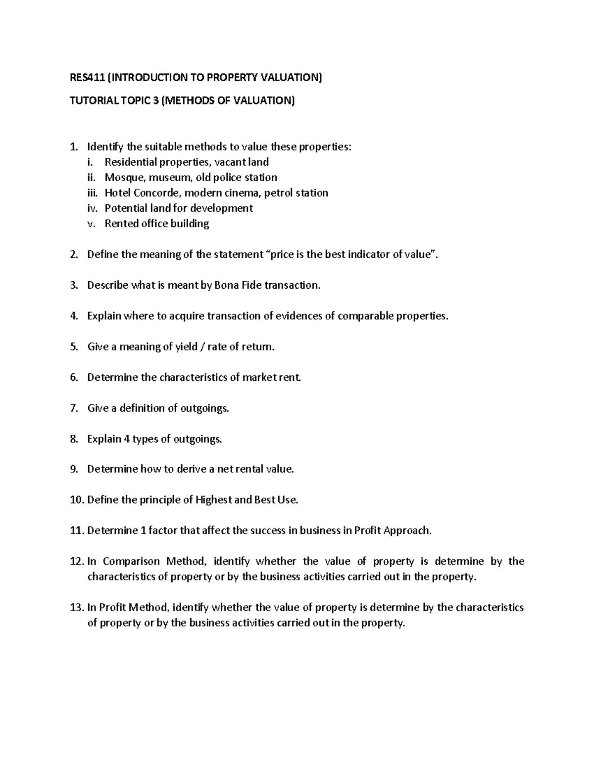 Tutorial valuation part B - RES411 (INTRODUCTION TO PROPERTY VALUATION ...