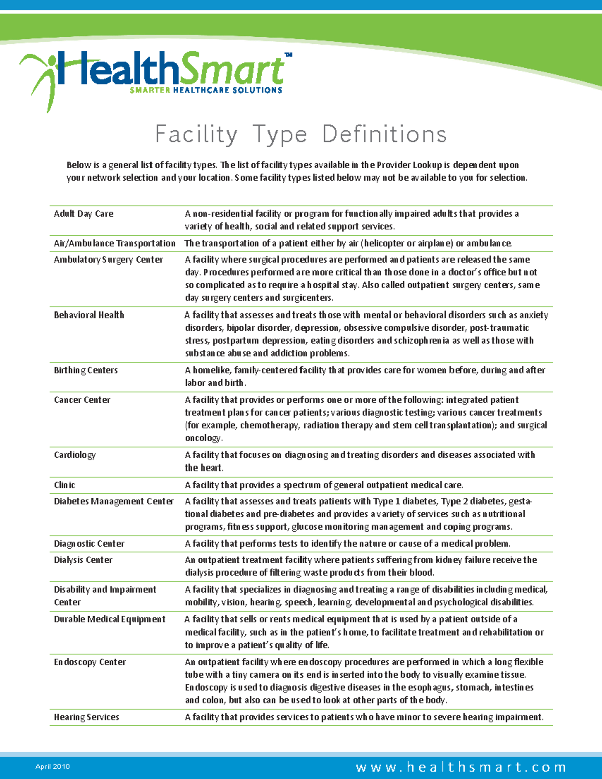 Facility type definitions - w w w. h e a l t h s m a r t. c o m ...