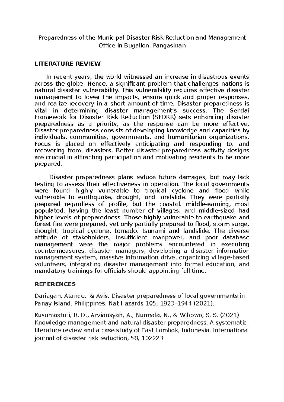 Preparedness rrl - Rrl - Preparedness of the Municipal Disaster Risk ...