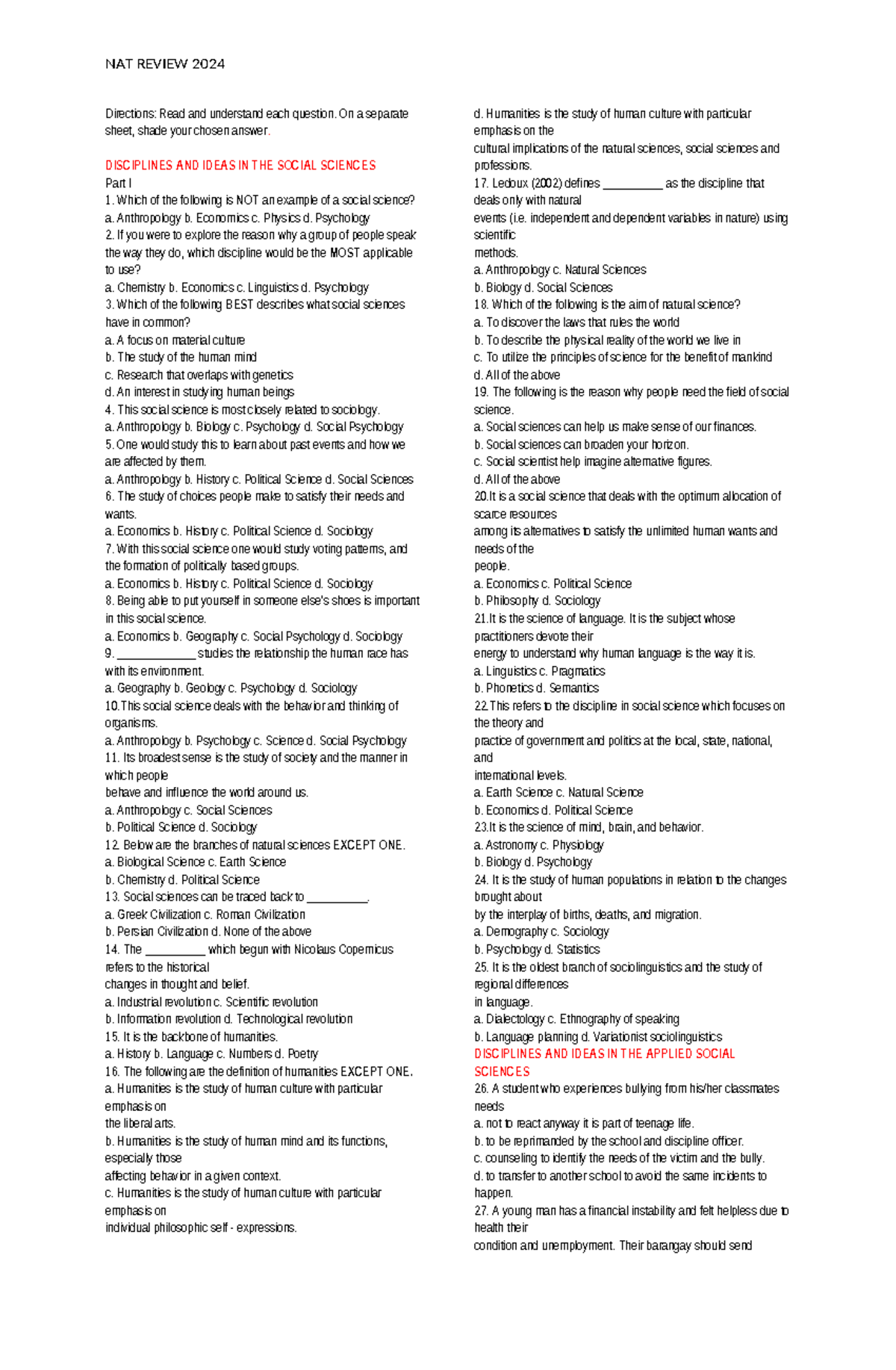 DISS - NAT REVIEW 2024 Directions: Read and understand each question ...