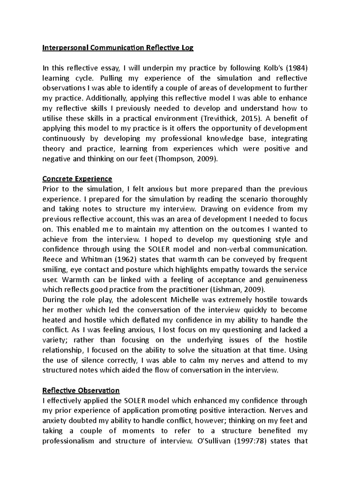 Interpersonal Communication Reflective Log - Pulling my experience of ...