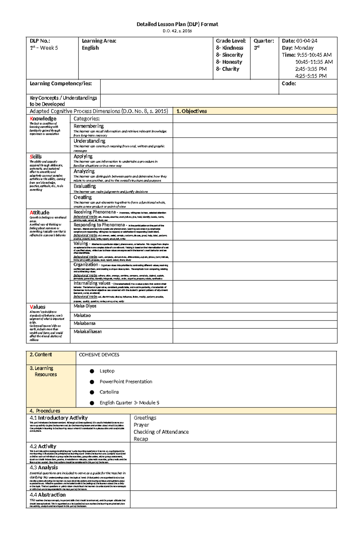 Synthesizing - English 8 - Detailed Lesson Plan (DLP) Format D. 42, s ...