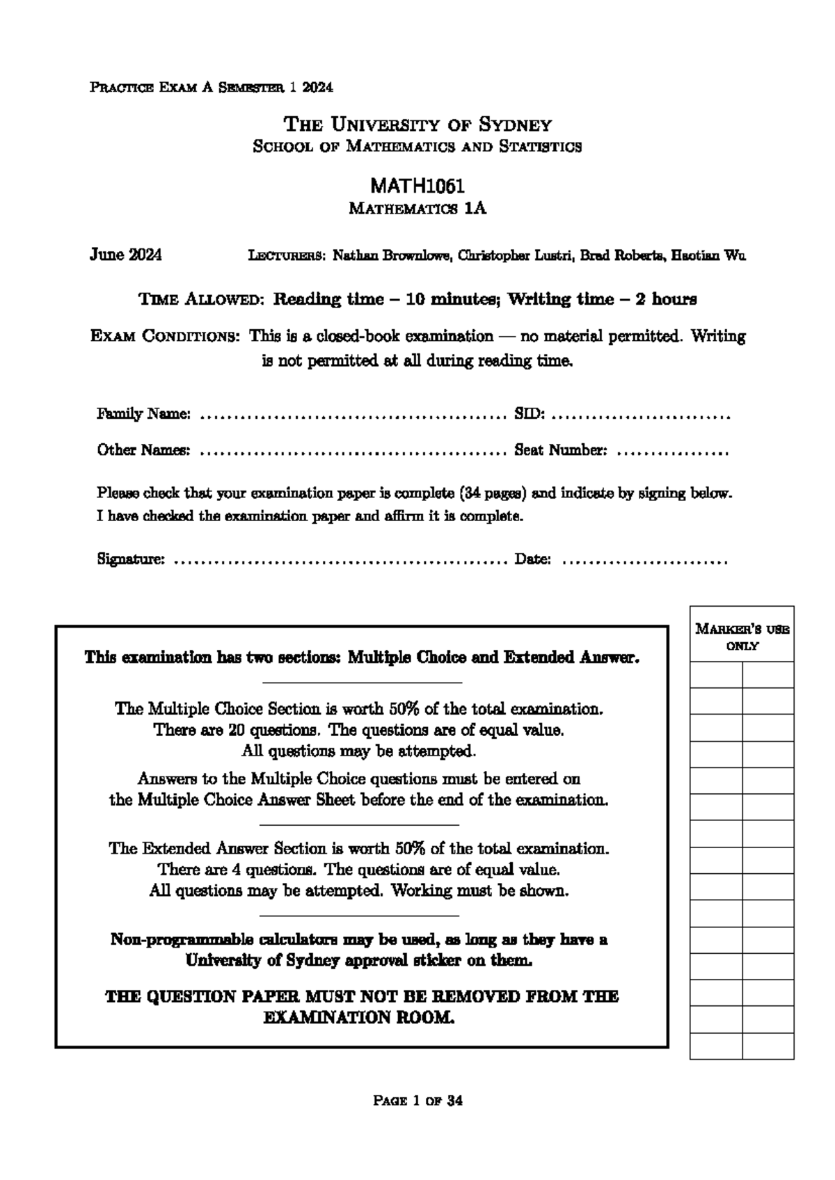 MATH1061-Practice-2024 - PRACTICE EXAM A SEMESTER 1 2024 THE UNIVERSITY ...