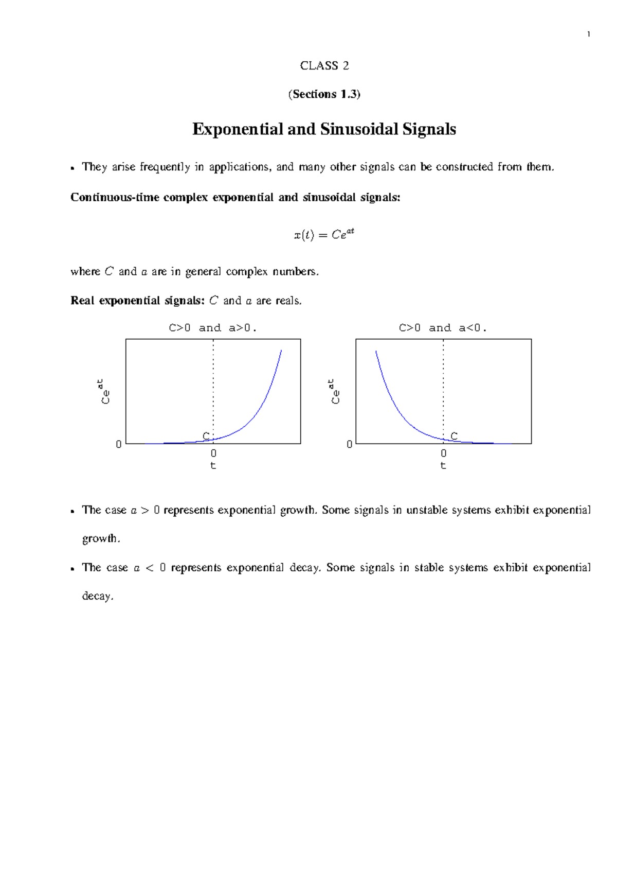 Signals System notes exponential and sinusoidal - CLASS 2 (Sections 1 ...