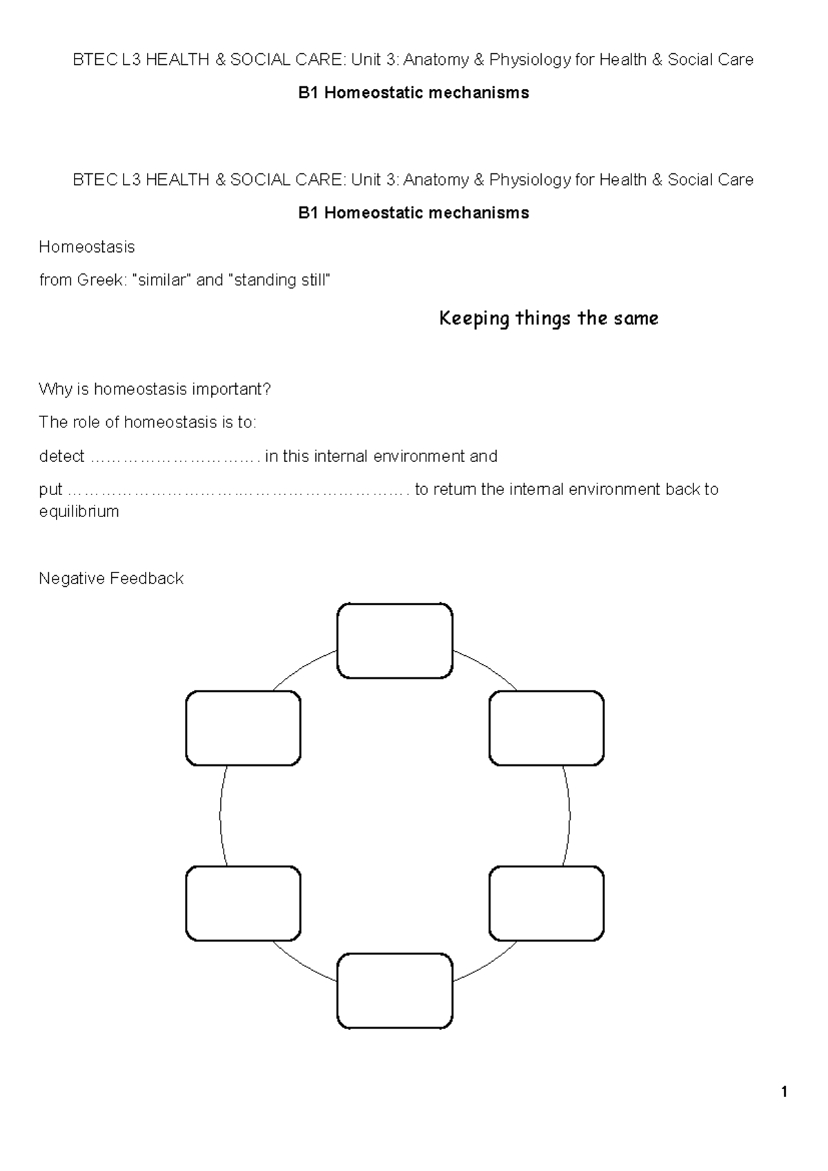 Workbook homeostasis - B1 Homeostatic mechanisms BTEC L3 HEALTH ...