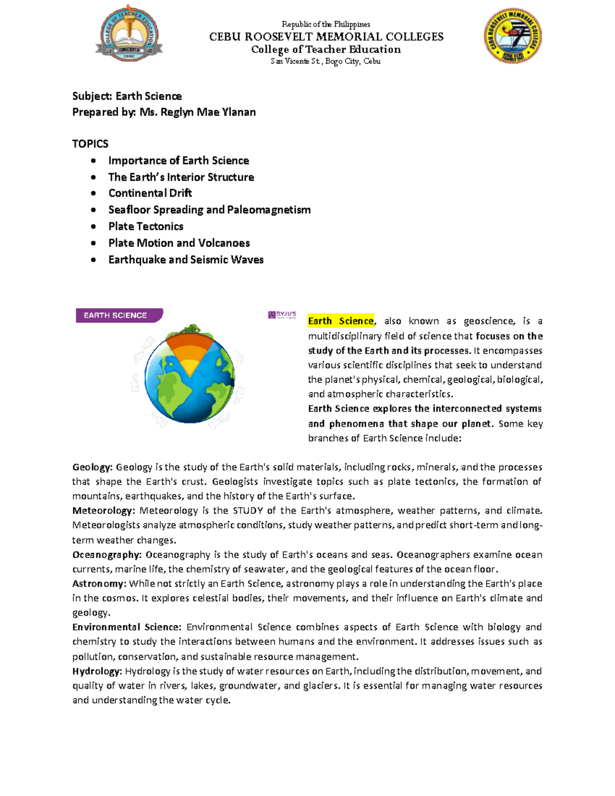 Handout-1 Prelim-Earth-Science - Cebu Roosevelt memorial colleges ...